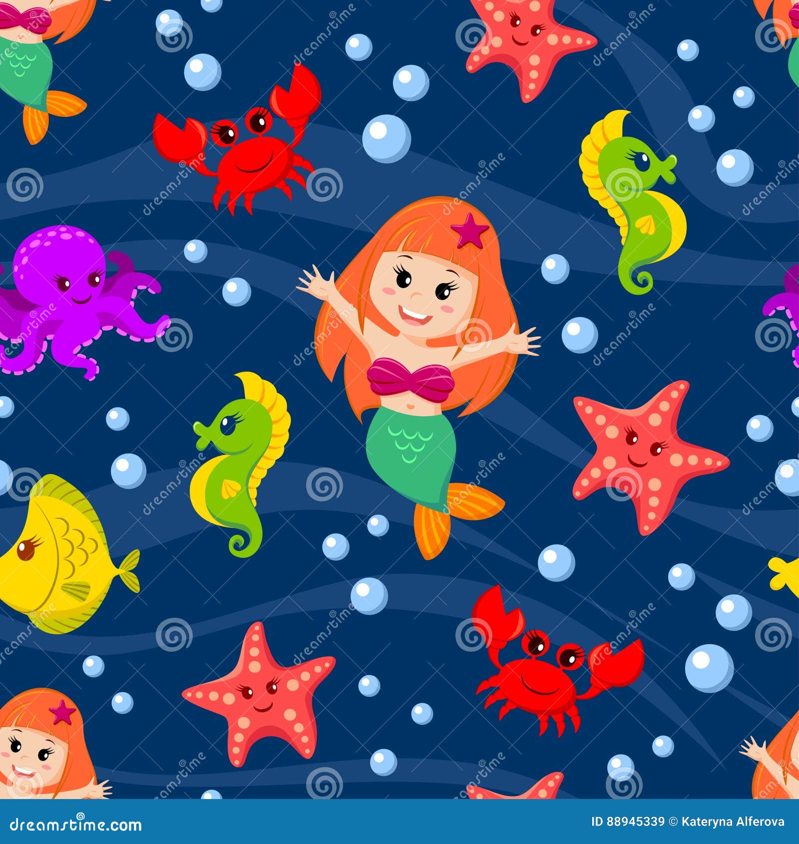 Mermaid, Sea Animals And Seaweed. Cartoon Vector Illustration ...