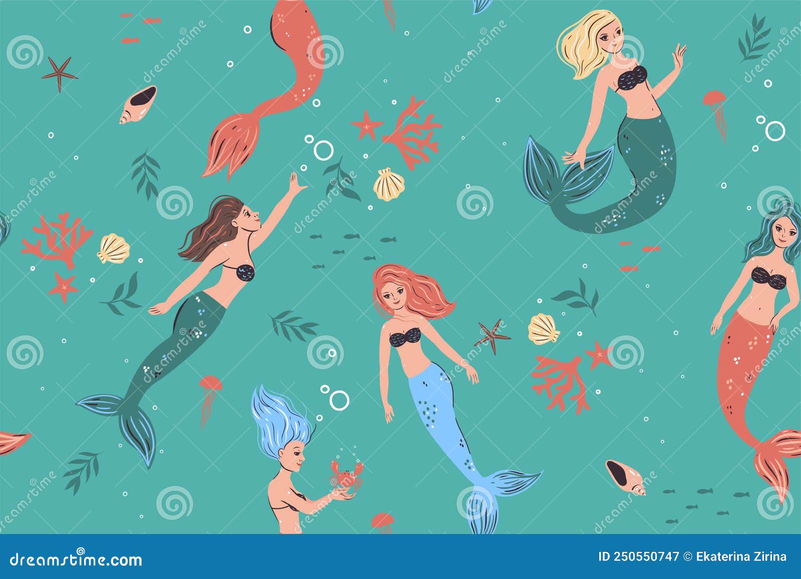 Seamless Pattern with Mermaids and Marine Life. Vector Graphics Stock ...