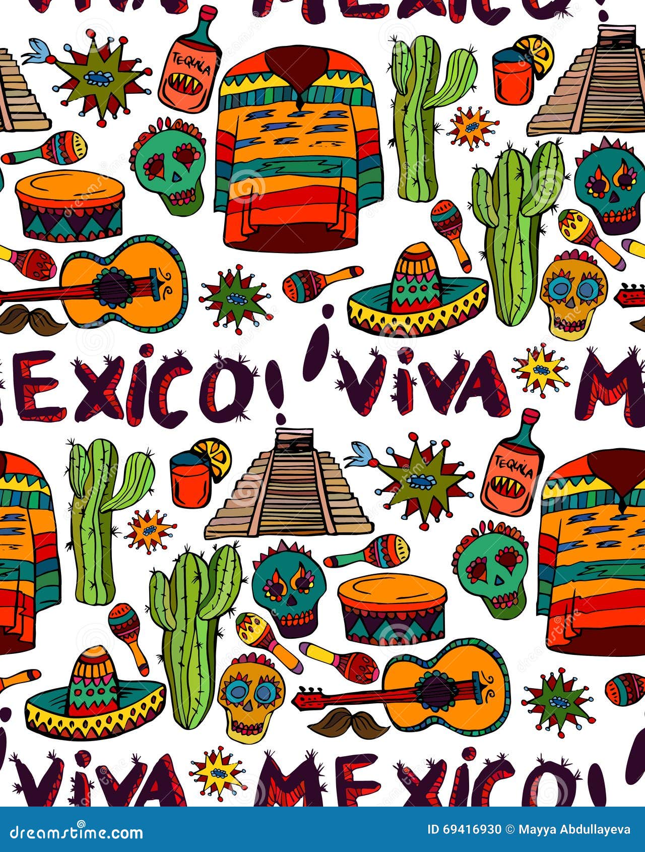 Seamless Pattern with Mexican Symbols Stock Vector - Illustration of ...