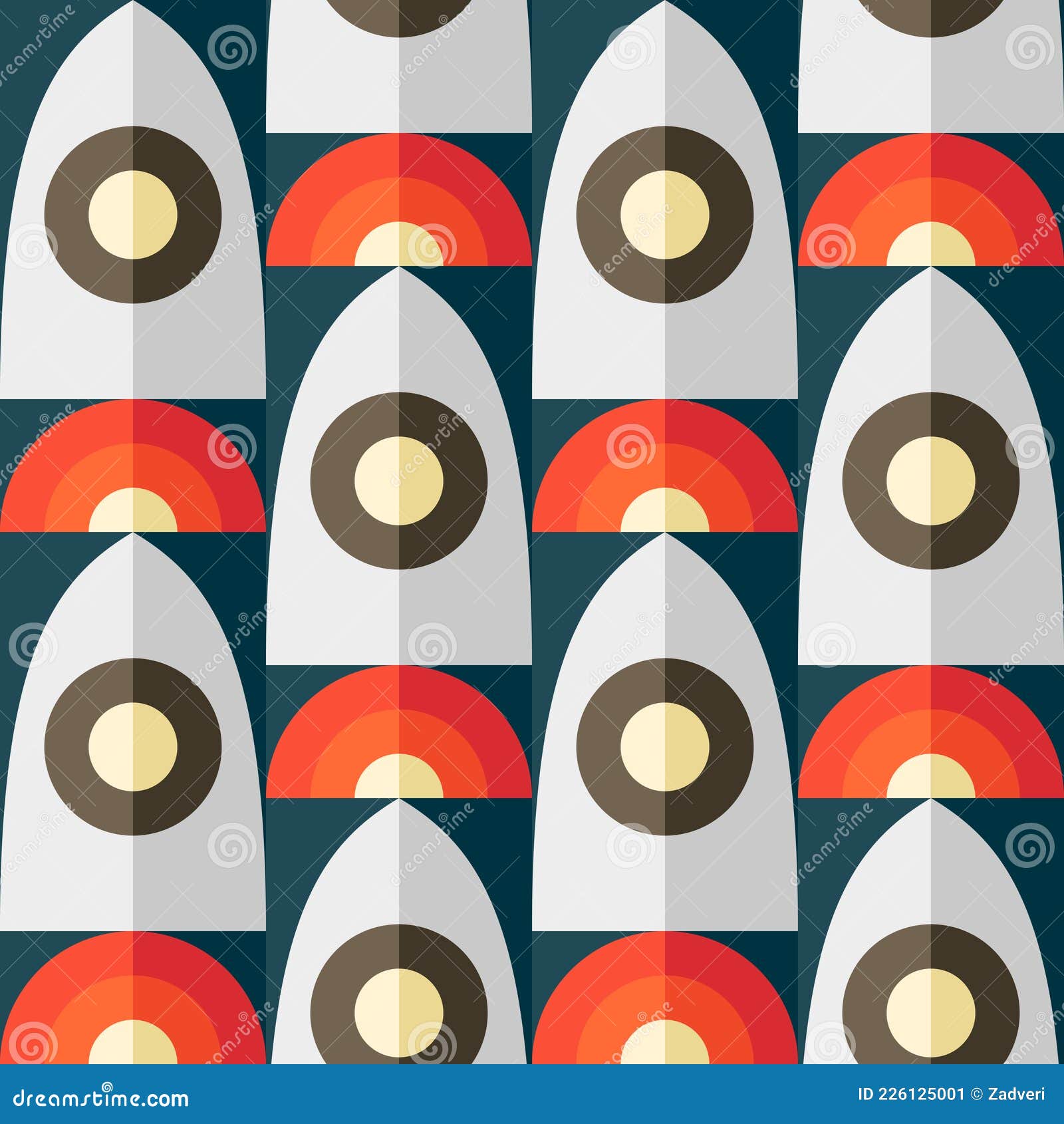 Seamless Pattern in Mid Century Retro Style. Stylized Rockets in Simple ...