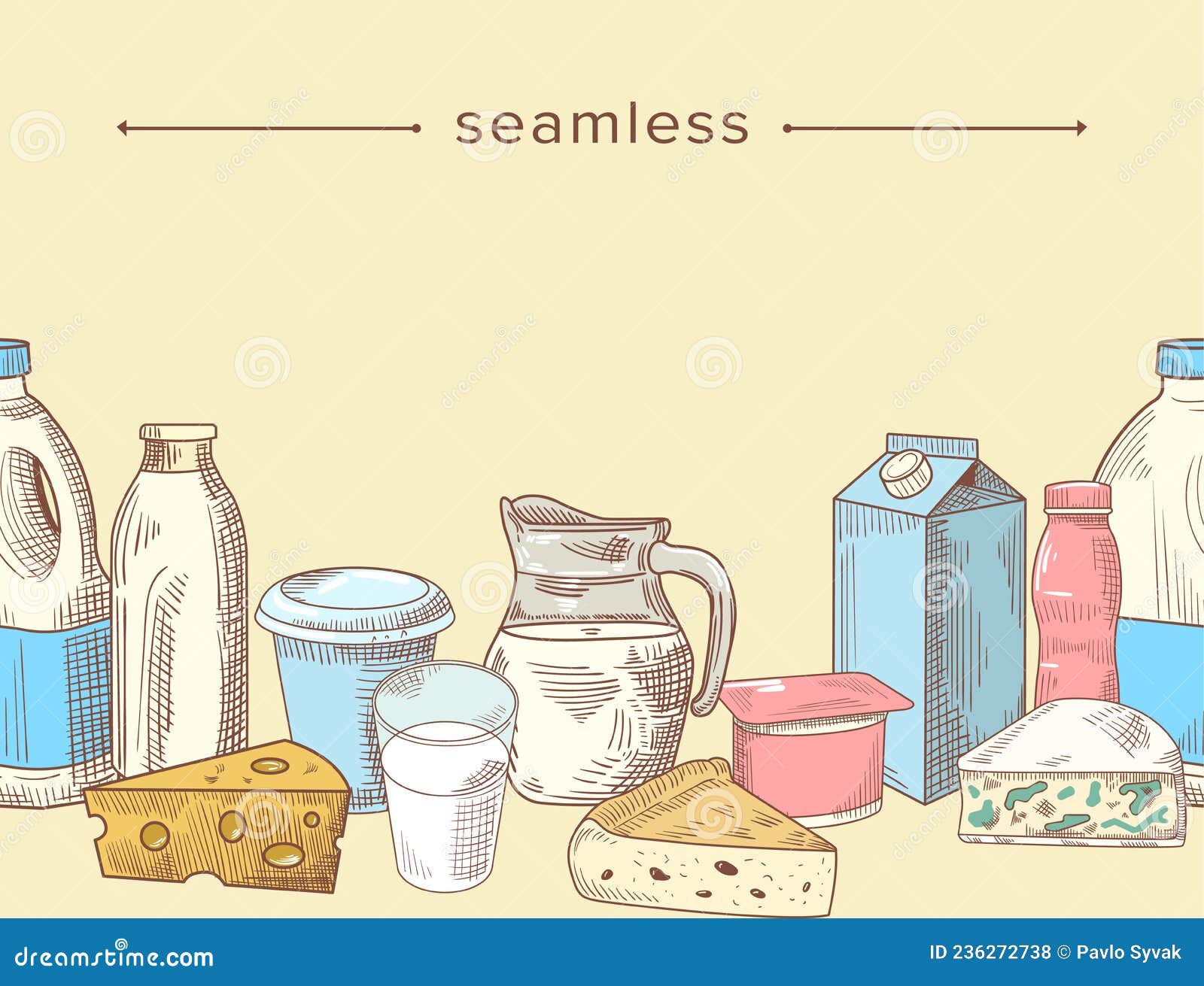 Seamless Pattern With Milk And Dairy Farm Food Products Hand Drawn