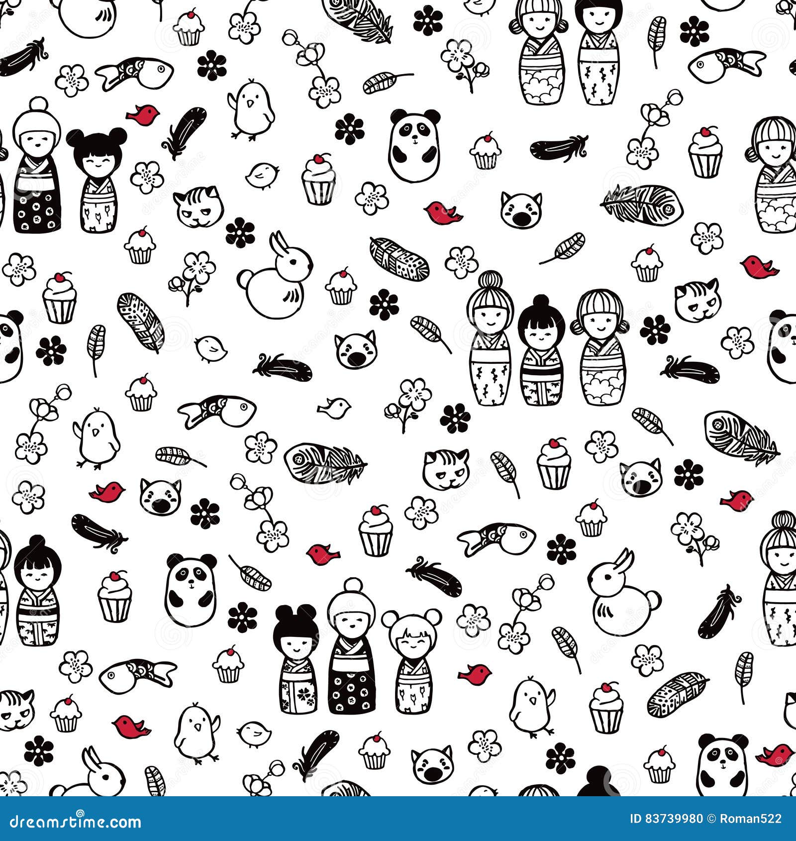 Seamless Pattern With Miniatures In The Style Of Anime Vector ...
