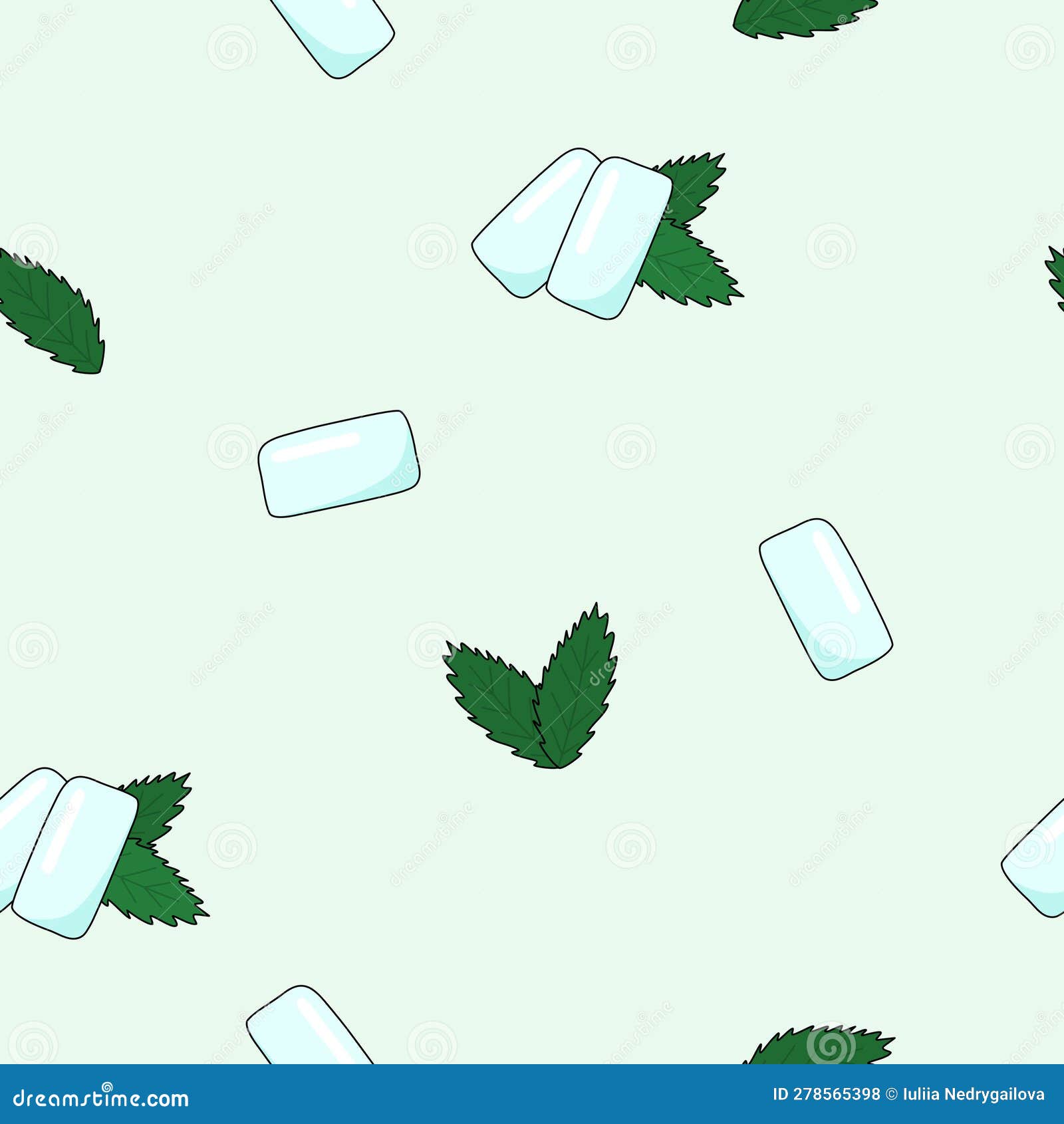 Seamless Pattern with Mint Gum Pads and Fresh Mint Leaves, Doodle Style ...
