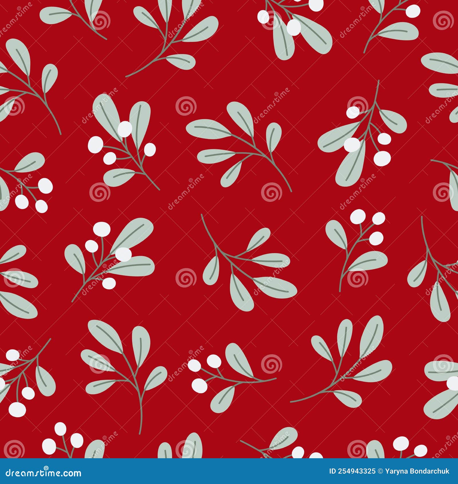 Seamless Pattern with Mistletoe Branches on Red Background. Good for Fabric, Wallpaper ...