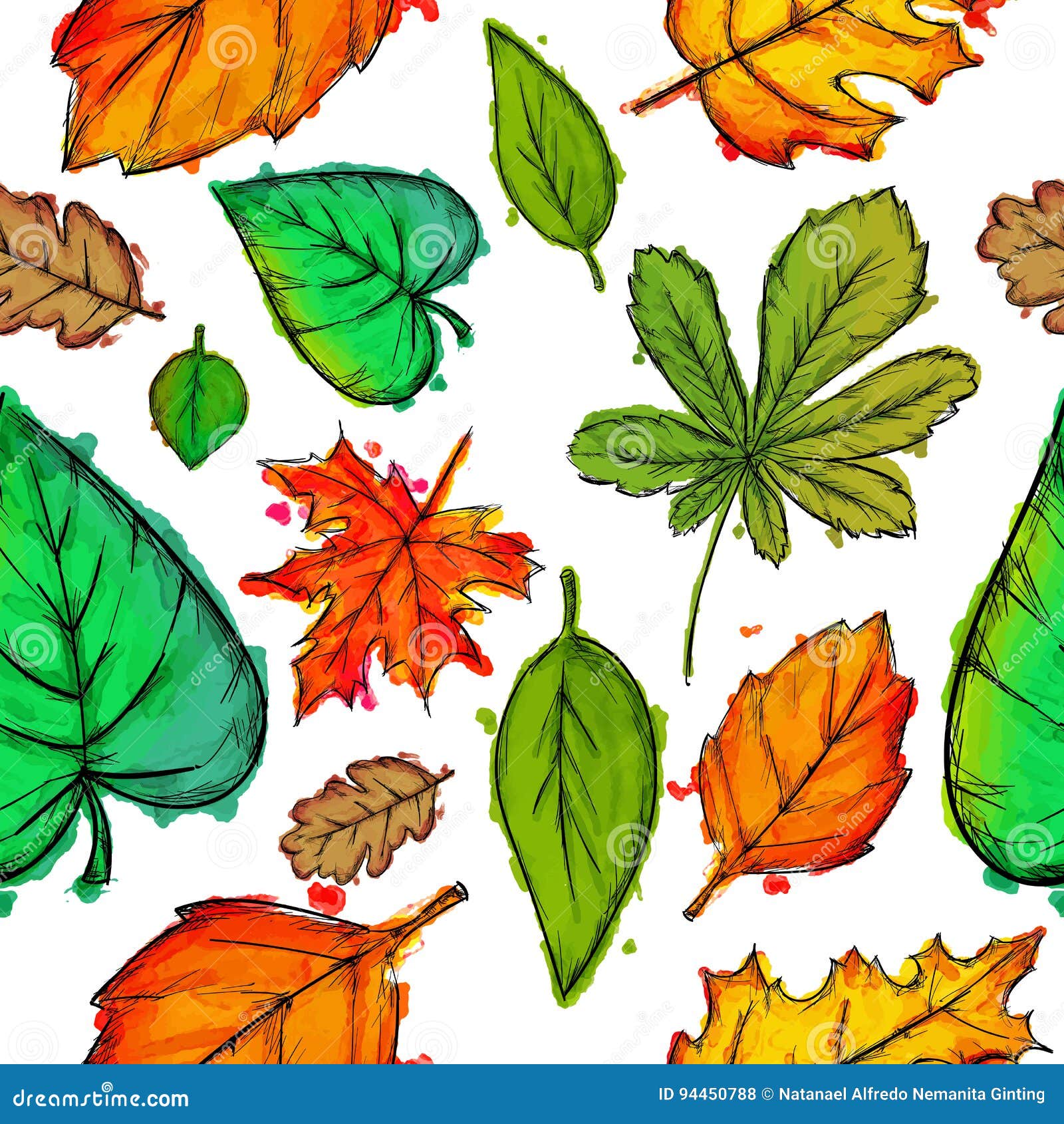 Seamless Pattern of Mix Shapes Leaves Watercolor Stock Vector ...