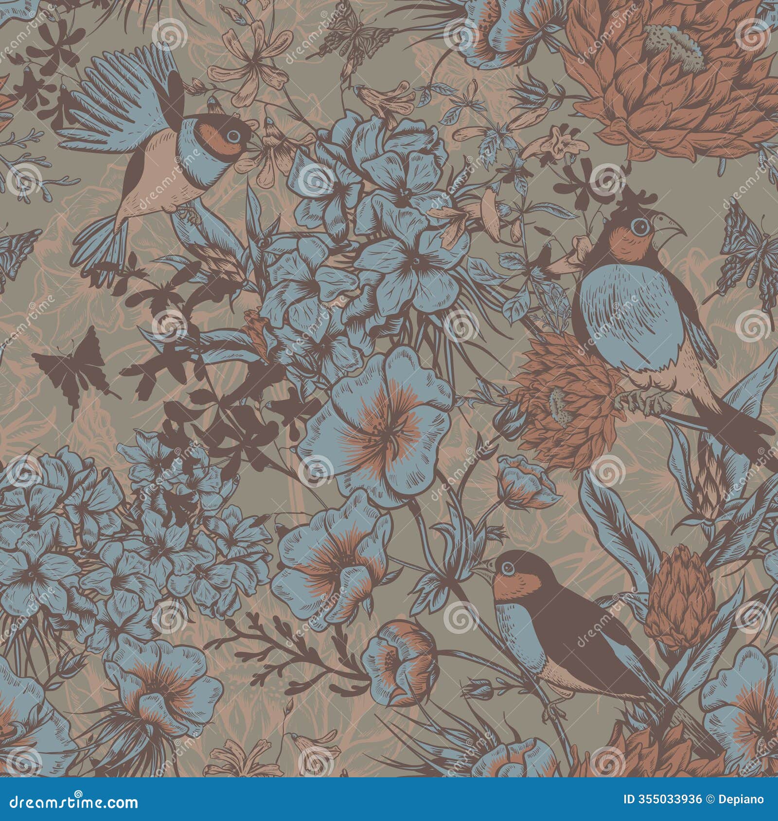 Seamless Pattern Mocha Mousse Birds and Wild Flowers Stock Illustration ...