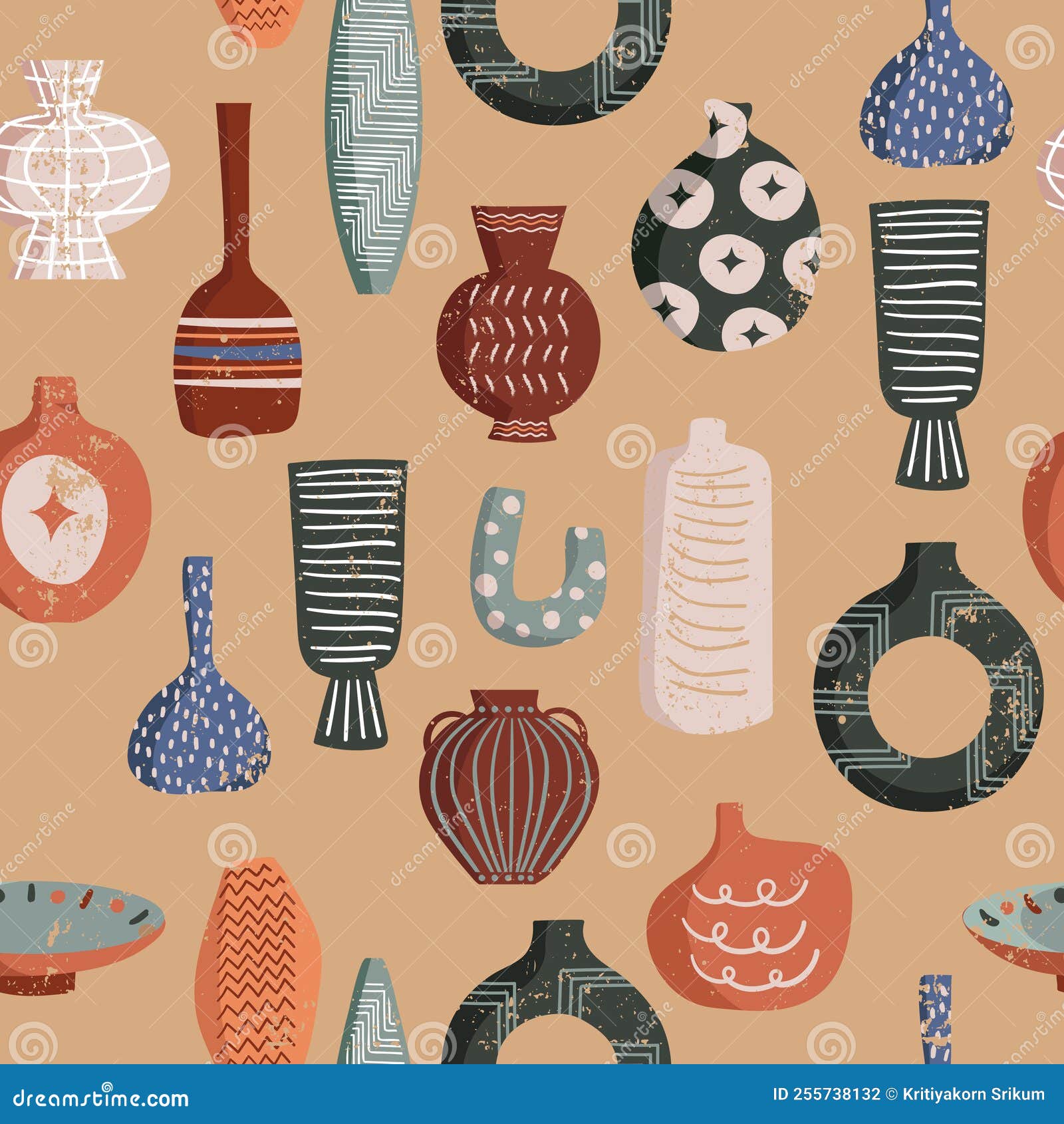 Seamless Pattern Modern Ceramic Vases with Abstract Various Doodle ...