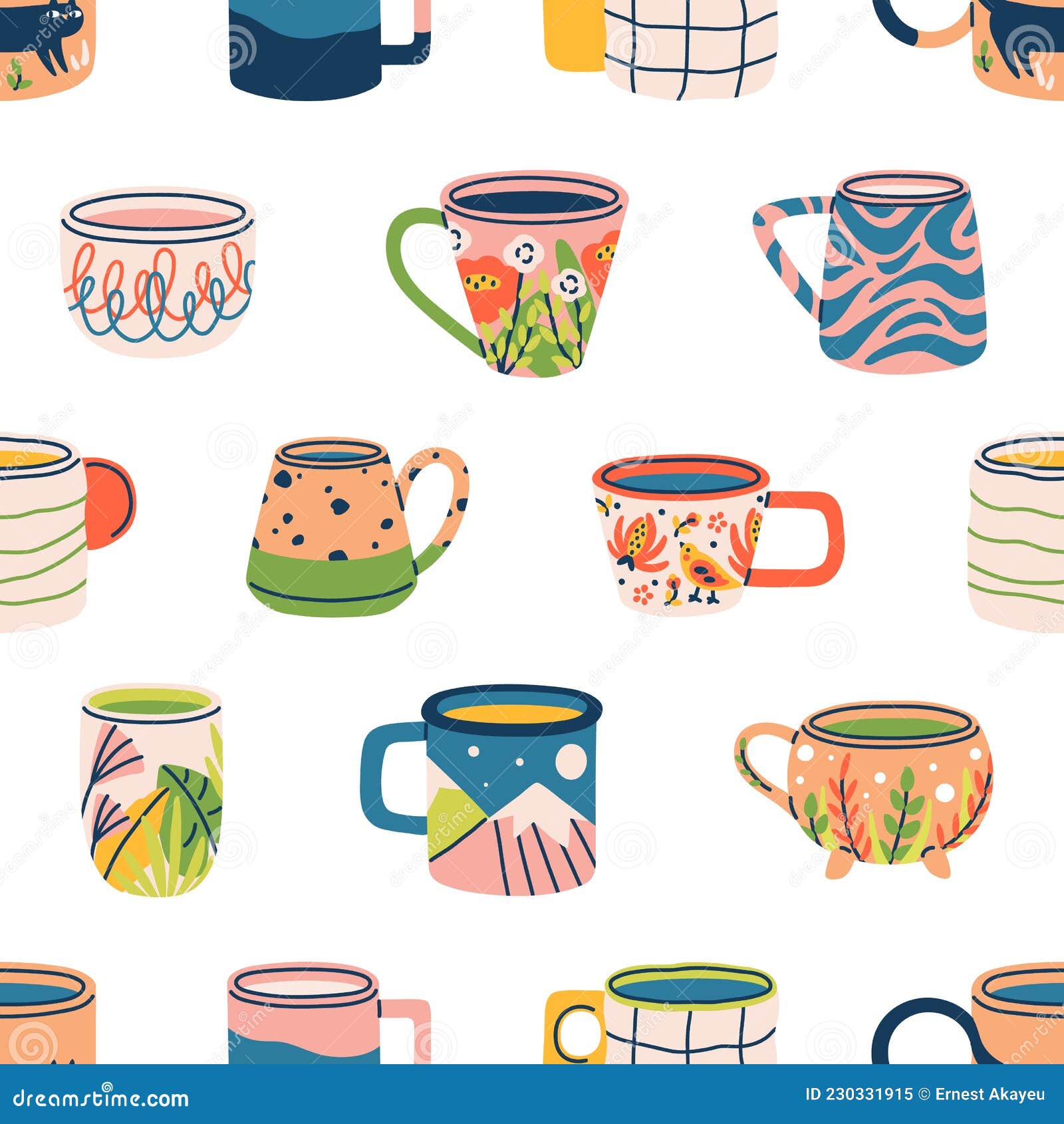 Seamless Pattern with Modern Tea Cups and Mugs on White Background ...