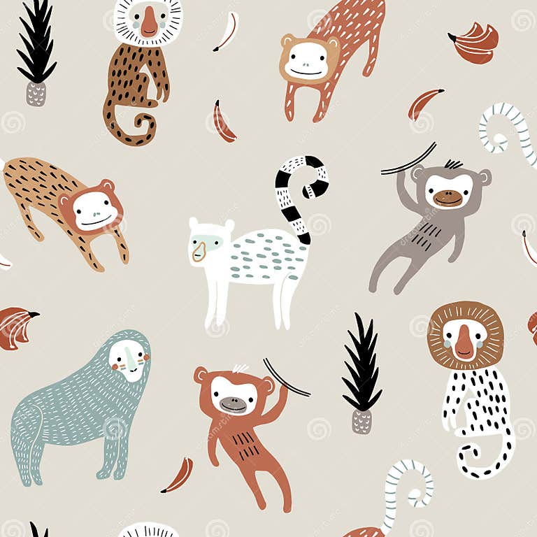 Seamless Pattern with Monkey. Creative Jungle Childish Texture Stock ...