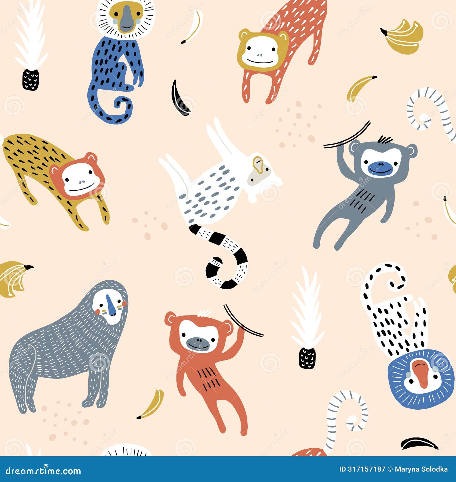 Seamless Pattern with Monkey. Creative Jungle Childish Texture Stock ...