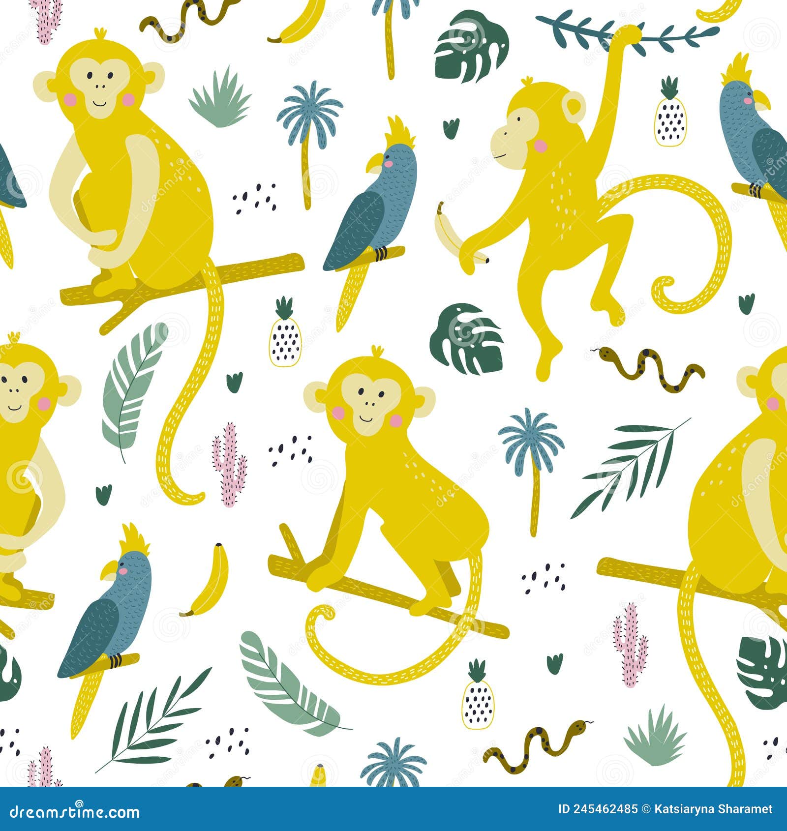 Seamless Pattern with Monkey. Fabric Print. Vector Illustration Stock ...