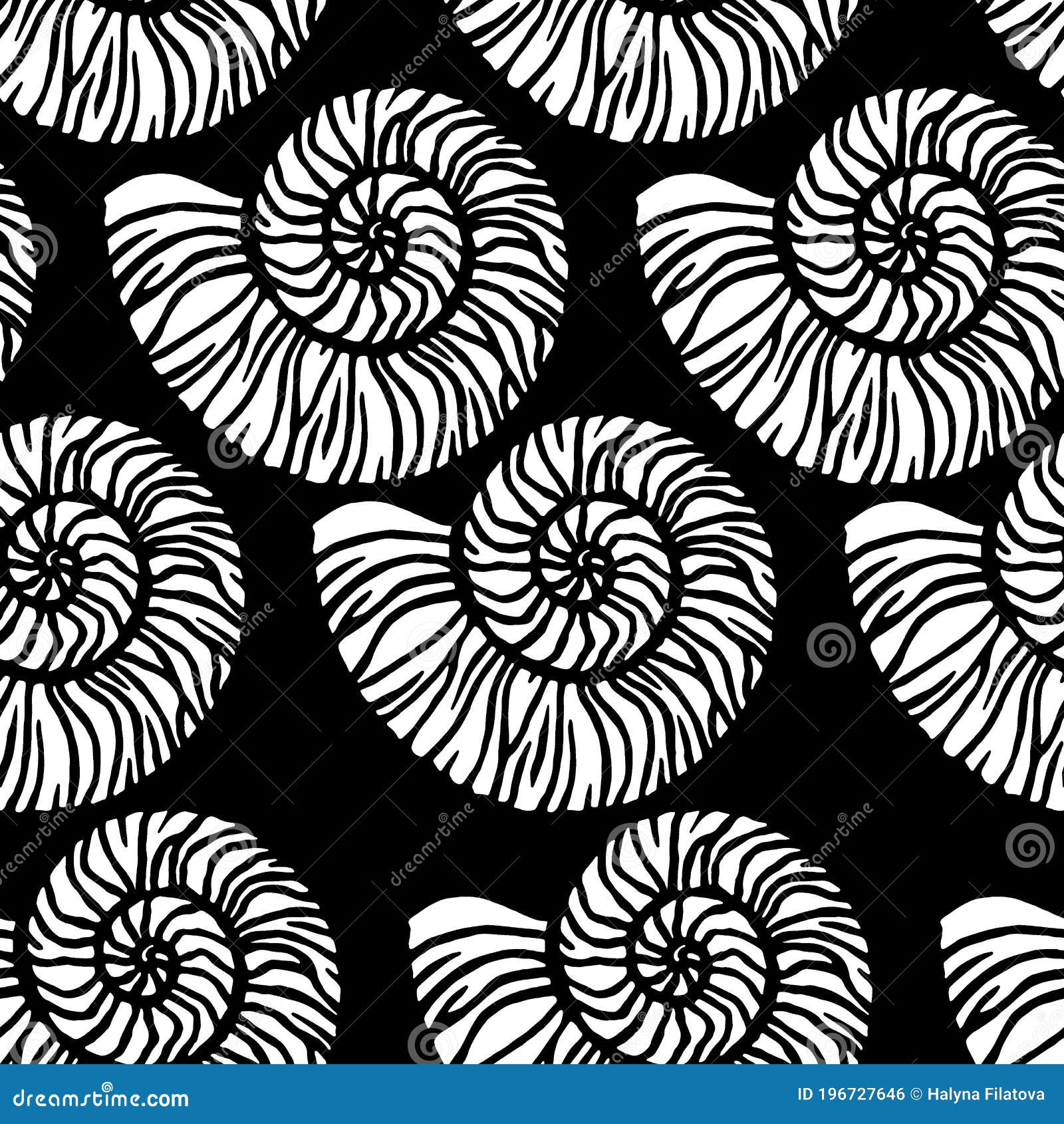 1589 Shell Pattern, Seamless Pattern in Monochrome Colors, Stylized ...