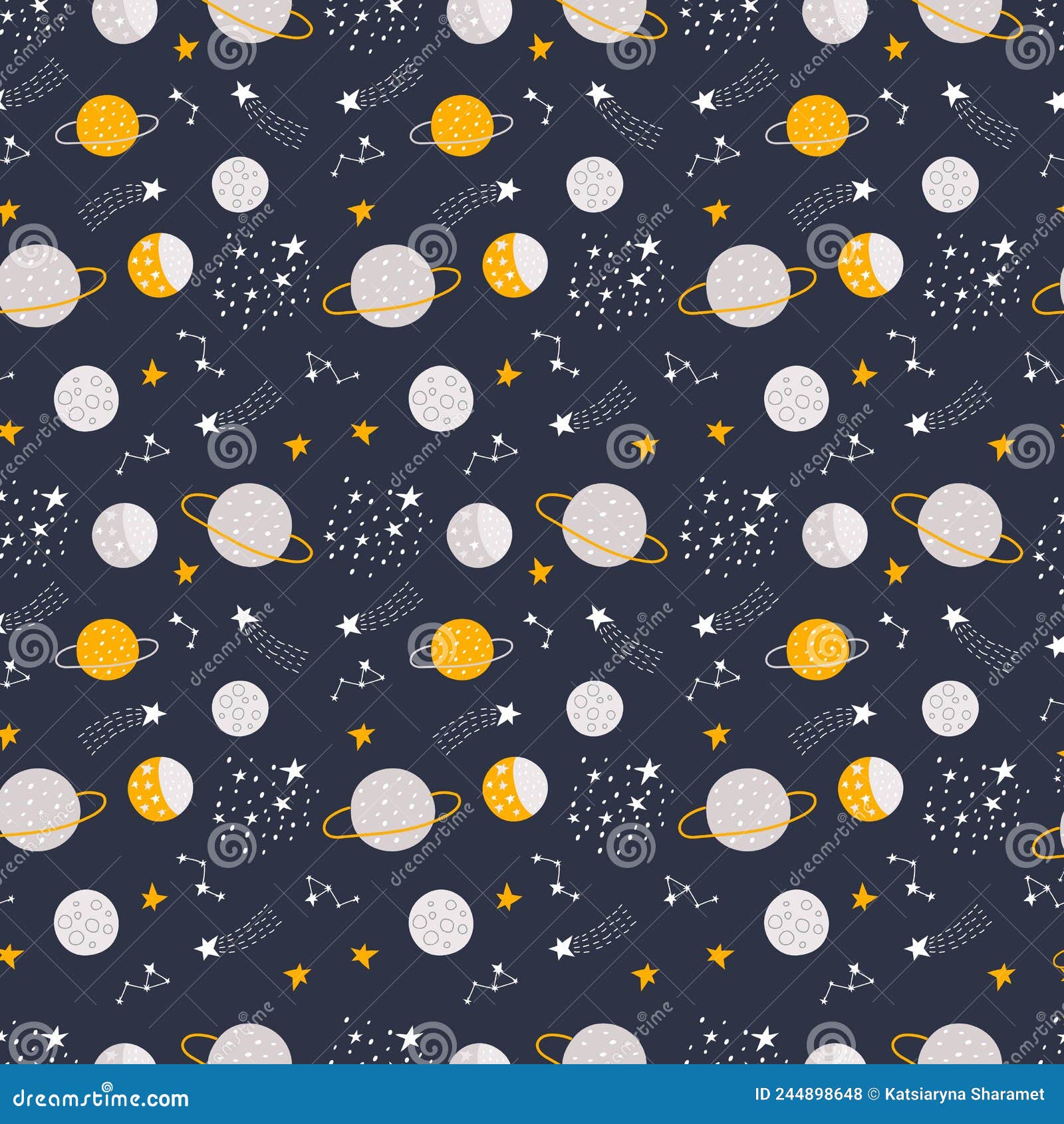 Seamless Pattern with Moon, Comets, Planets and Stars . Fabric Print ...