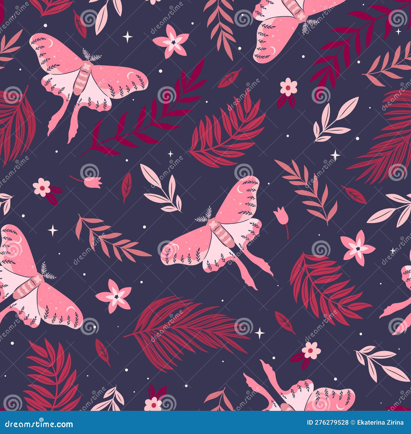Seamless Pattern with Moon Moths, Flowers and Leaves. Vector Graphics ...