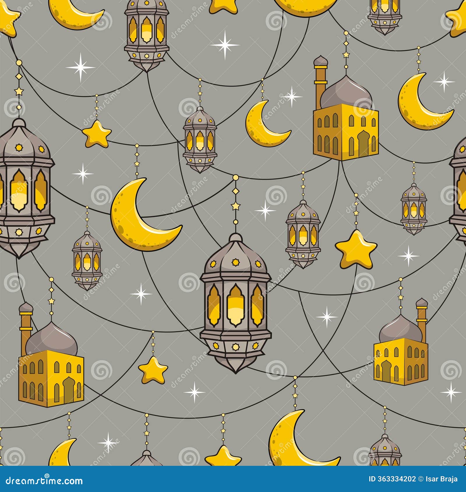 Seamless Pattern Mosque, Islamic Lantern, Moon, and Star. Cute Cartoon ...