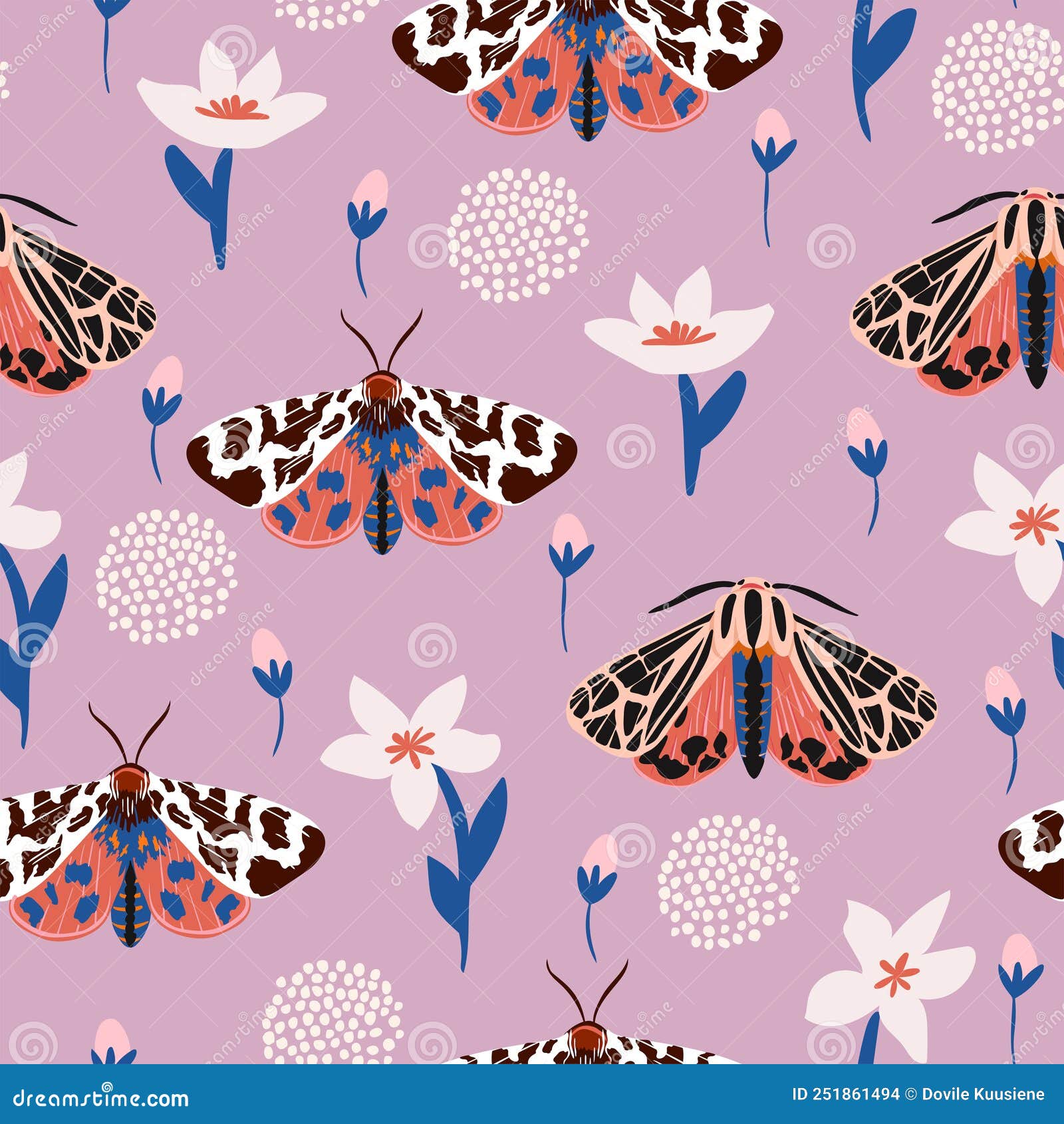 Seamless Pattern with Moths, Flowers, and Butterfly. Floral Background ...