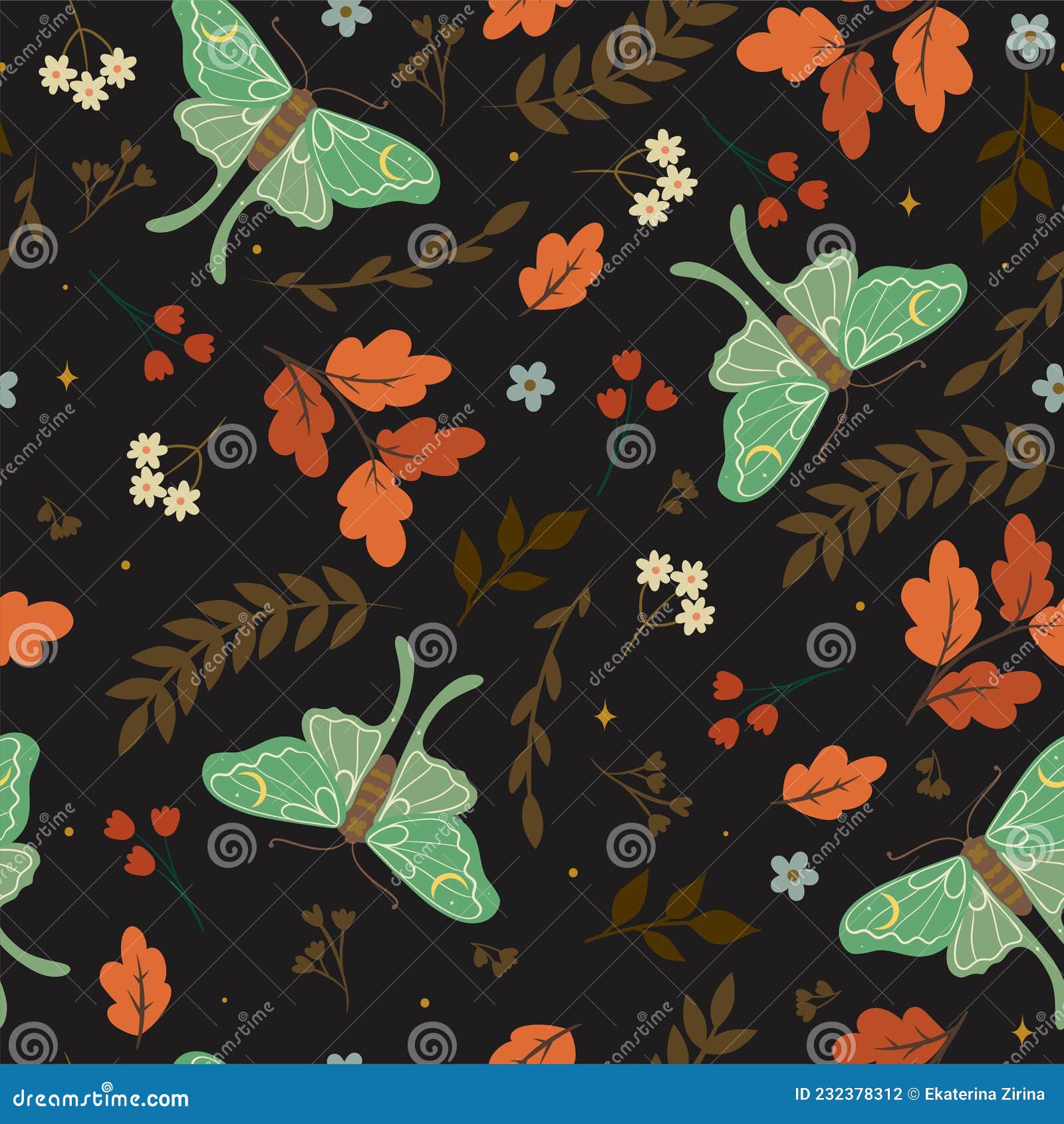 Seamless Pattern with Moths and Leaves. Vector Graphics Stock Vector ...