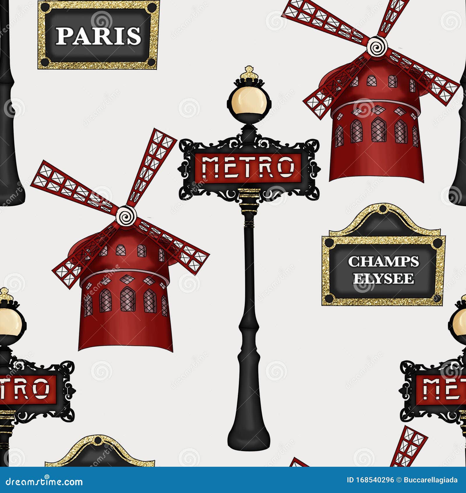 Seamless Pattern with Moulin Rouge and Street Signs from Paris ...