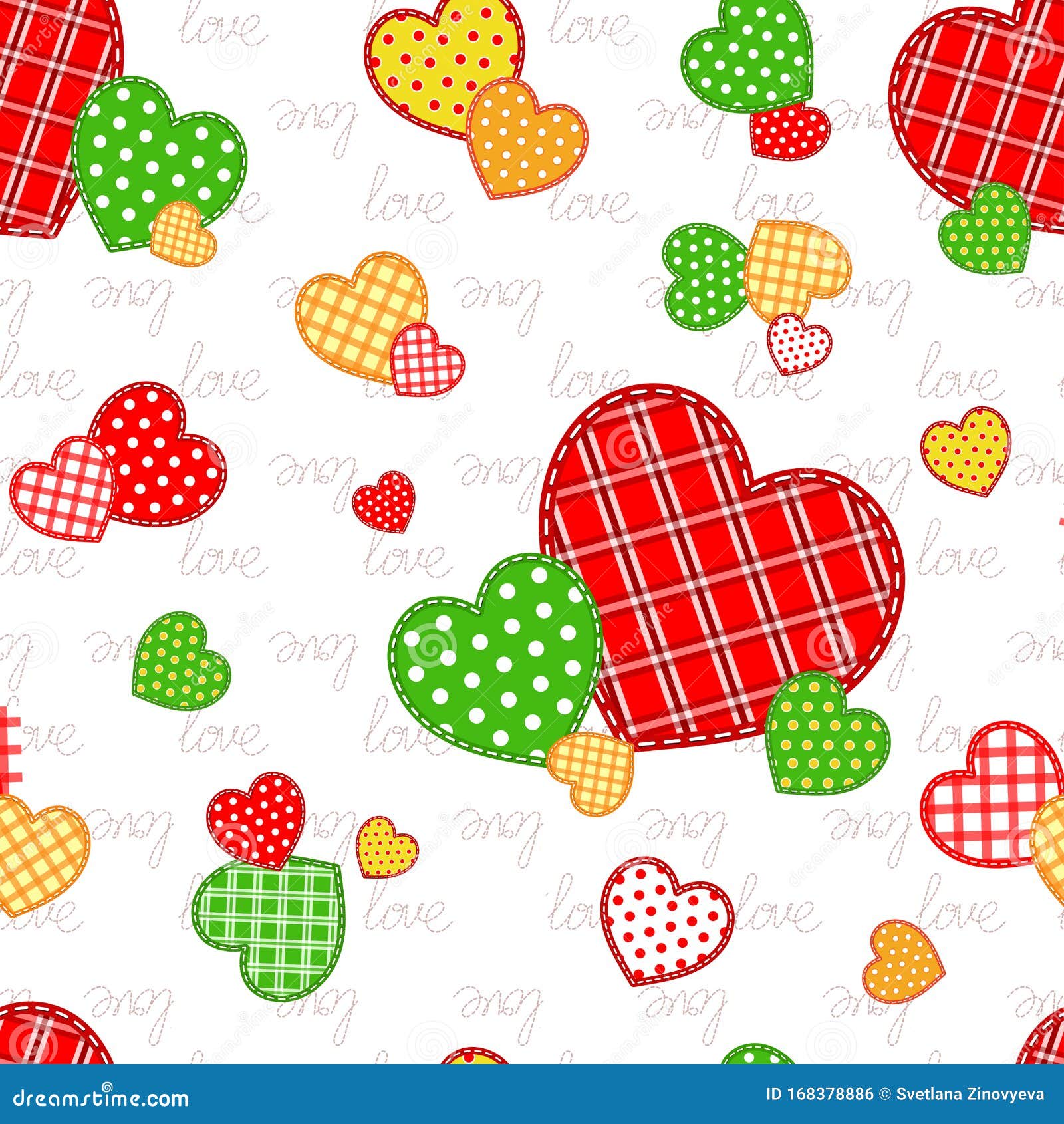 Seamless Pattern of Multi-colored Checkered Hearts and Polka Dot Hearts ...