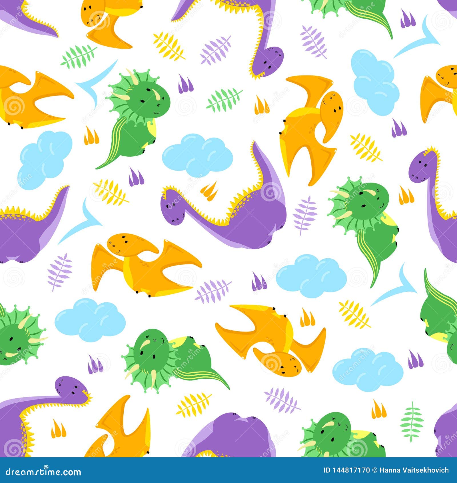 Seamless Pattern with Colorful Dinosaurs on a White Background - Vector ...