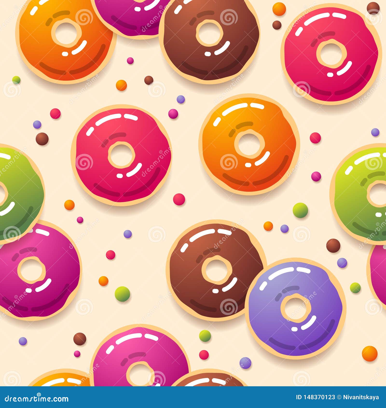 Seamless Pattern. Multicolor Donuts and Small Round Candy on Light ...