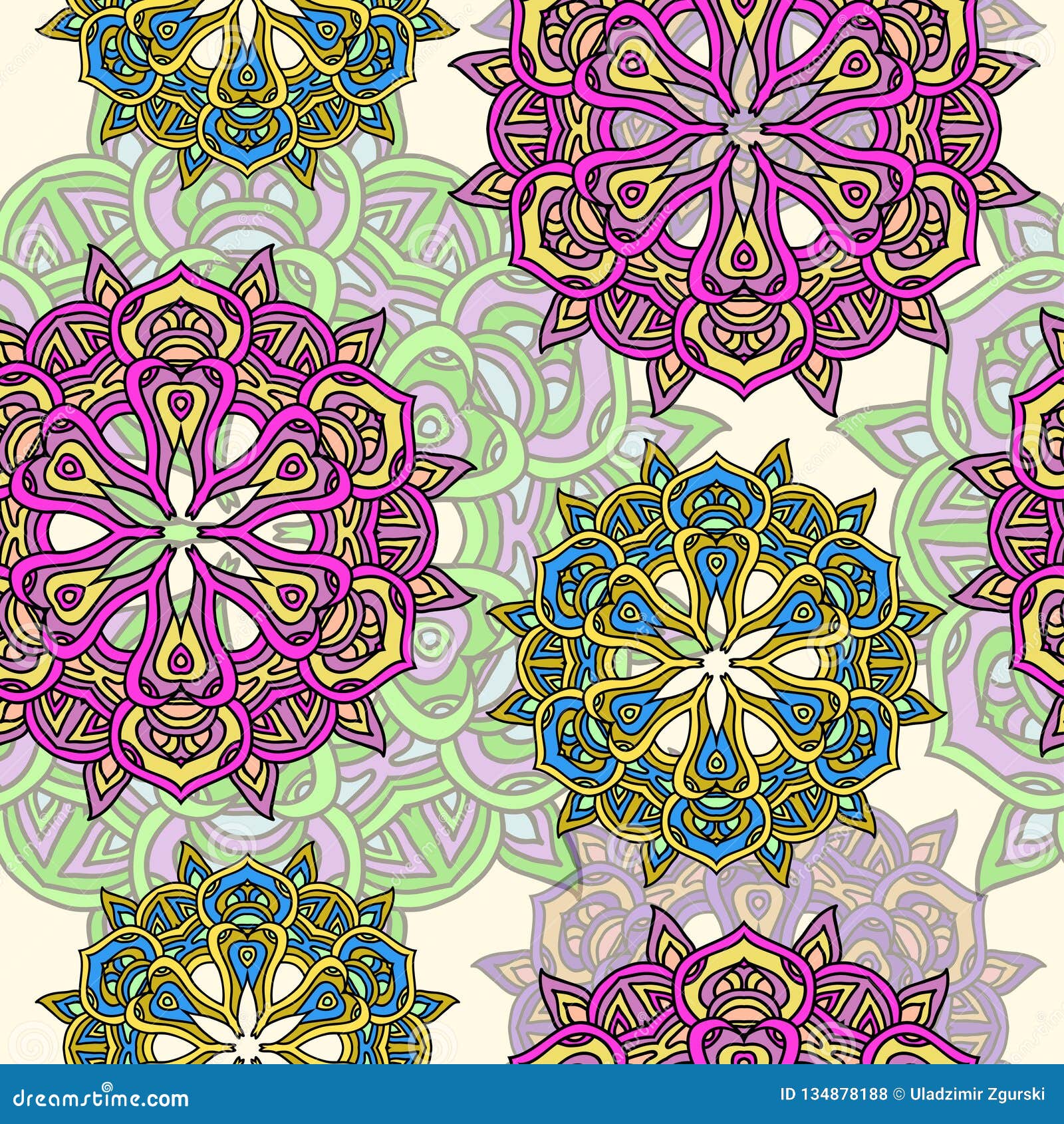 Seamless Pattern with Multicolor Doodle Mandalas. Vintage Decorative ...