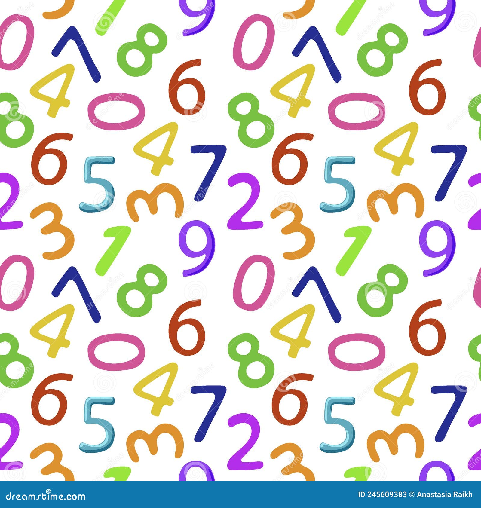 Seamless Pattern of Multicolored Numbers, Hand-drawn Elements in a ...