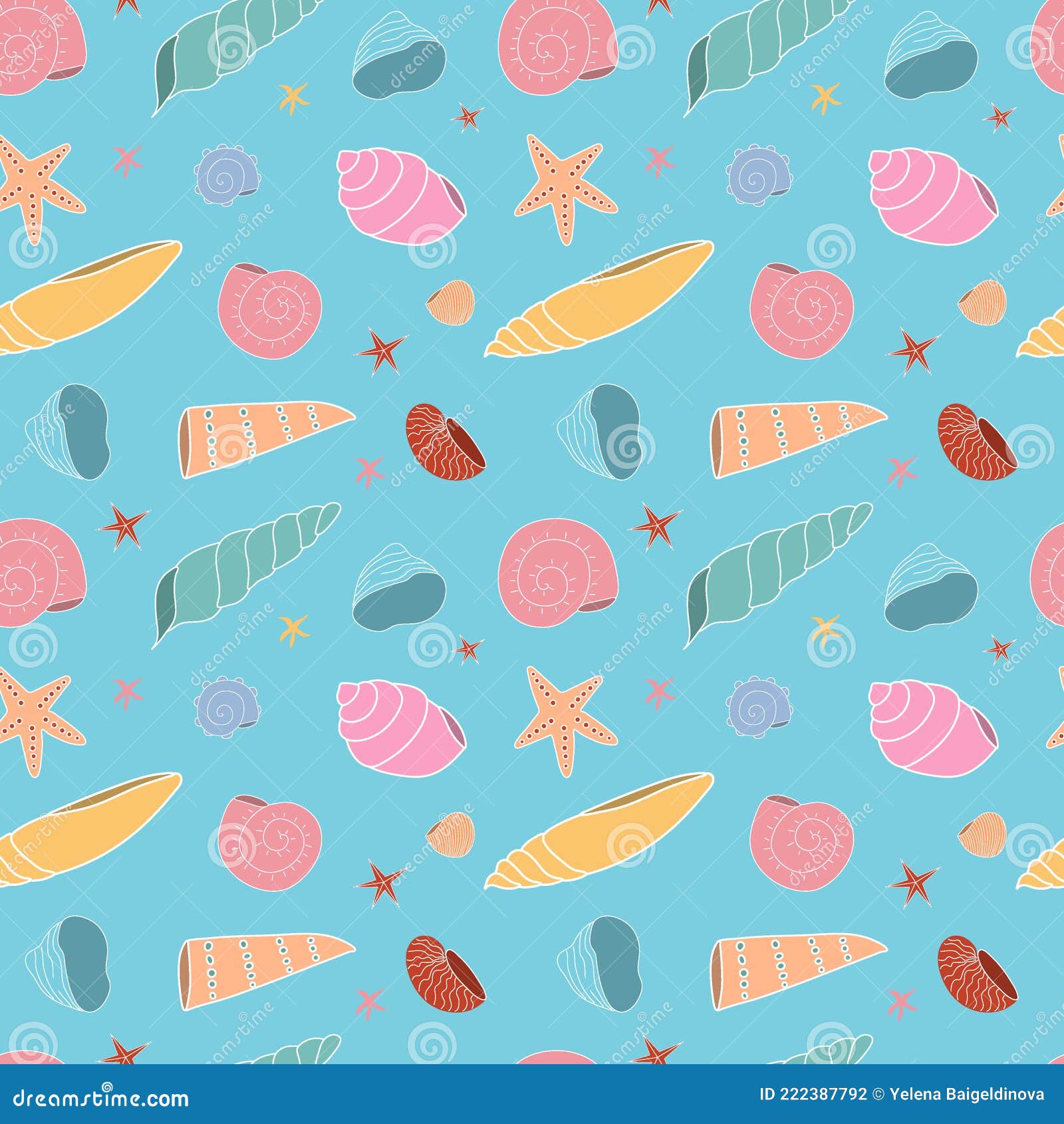 Seamless Pattern with Multicolored Seashells on a Blue Background ...
