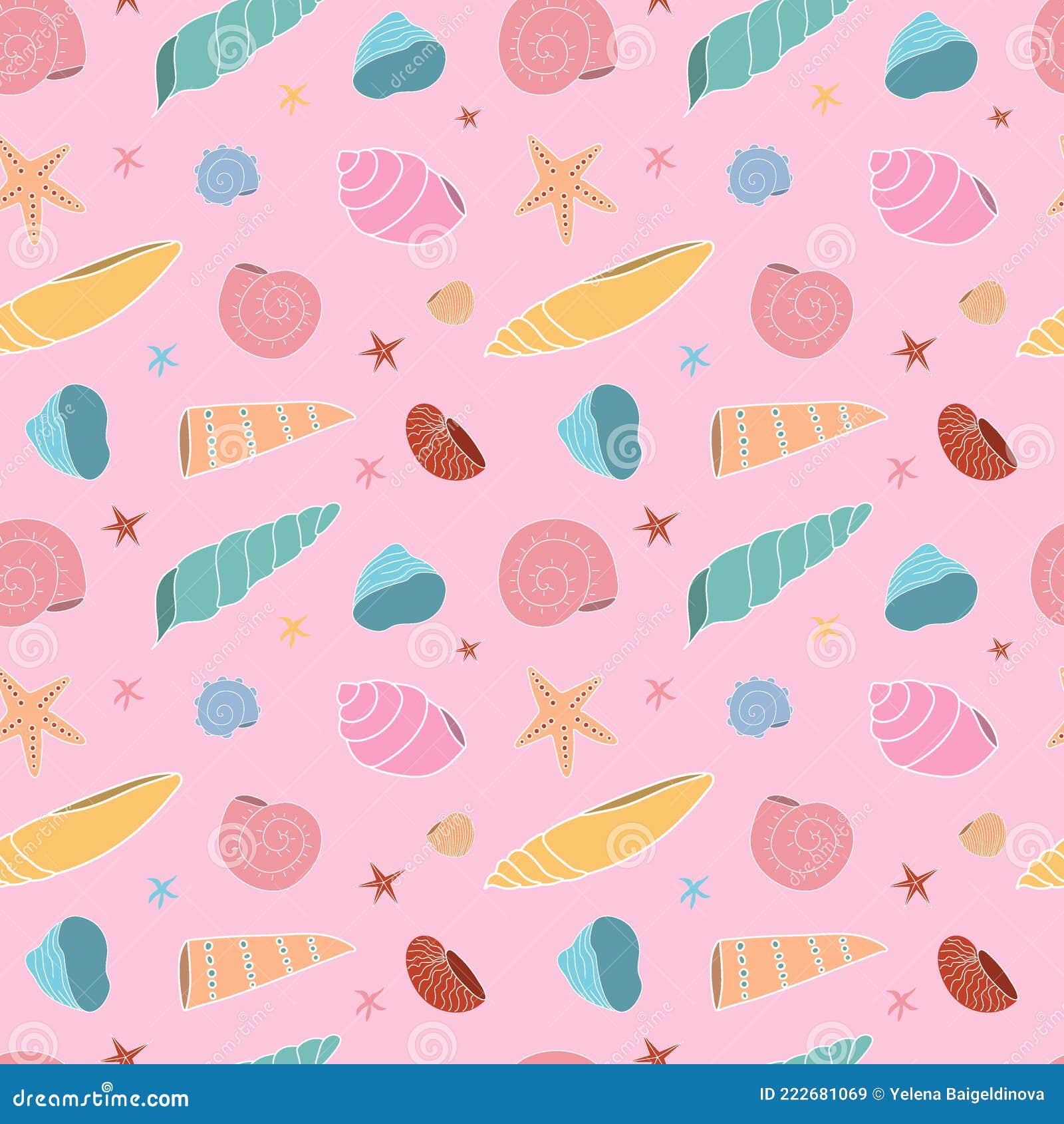 Seamless Pattern with Multicolored Seashells on a Pink Background ...