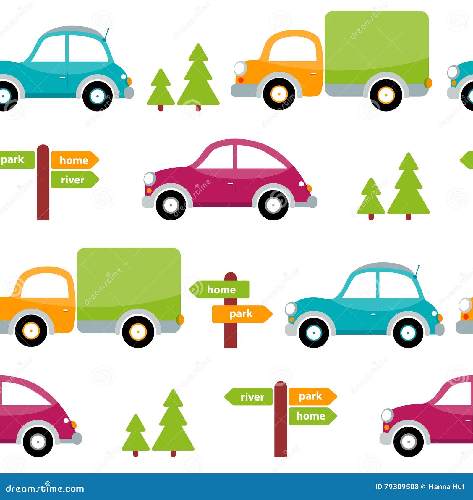 Seamless Pattern of Multicolored Toy Cars with Trees, Arrows, Pointers ...