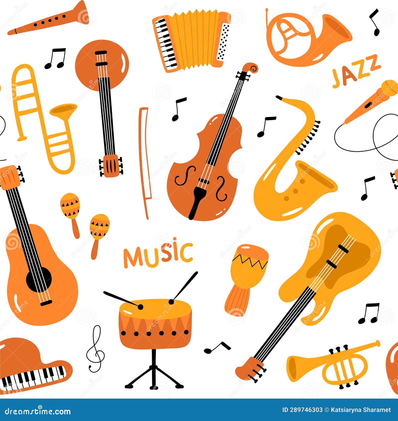 Seamless Pattern with Musical Instruments in Cartoon Style. Vector ...