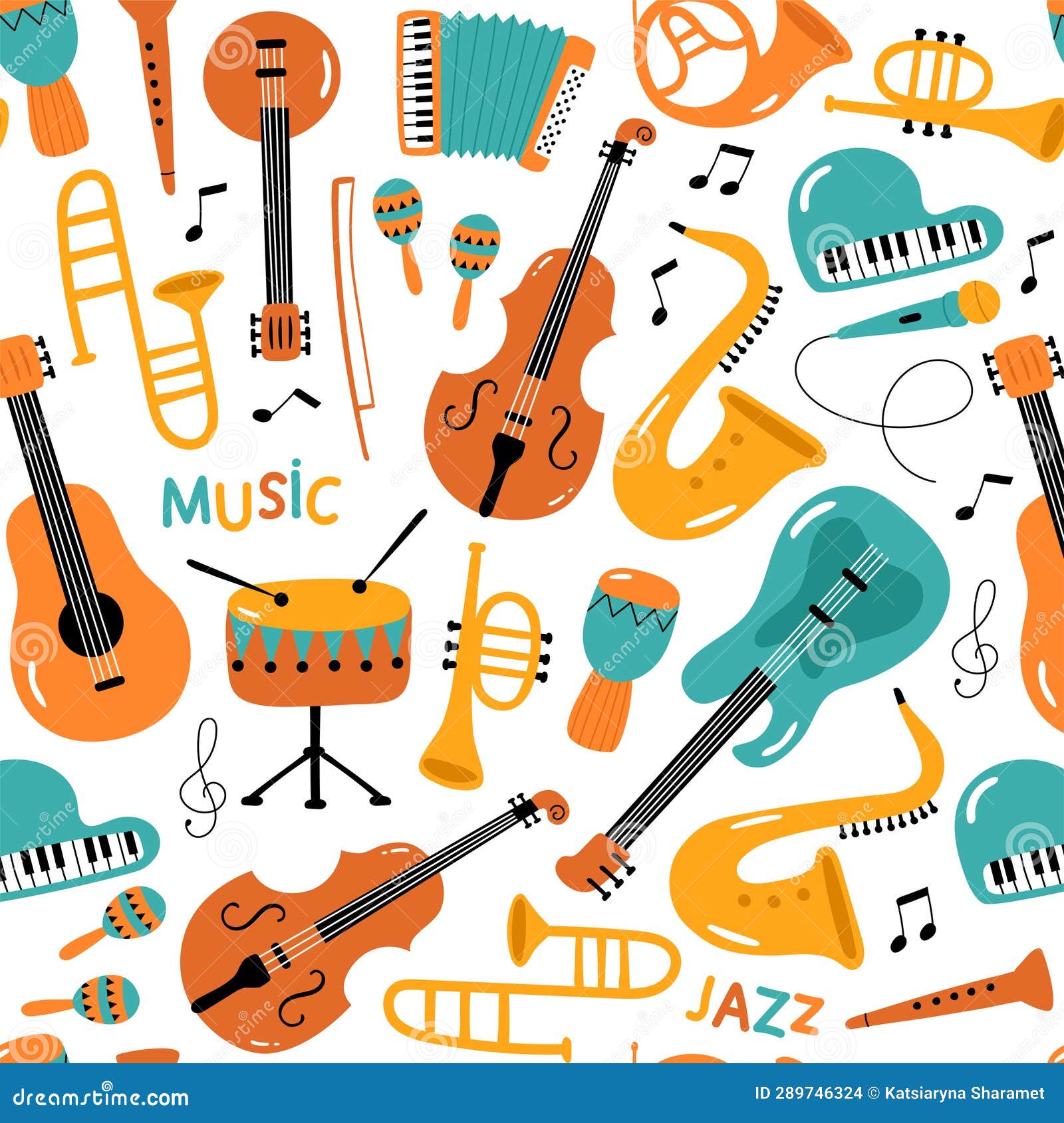 Seamless Pattern with Musical Instruments in Cartoon Style. Vector ...