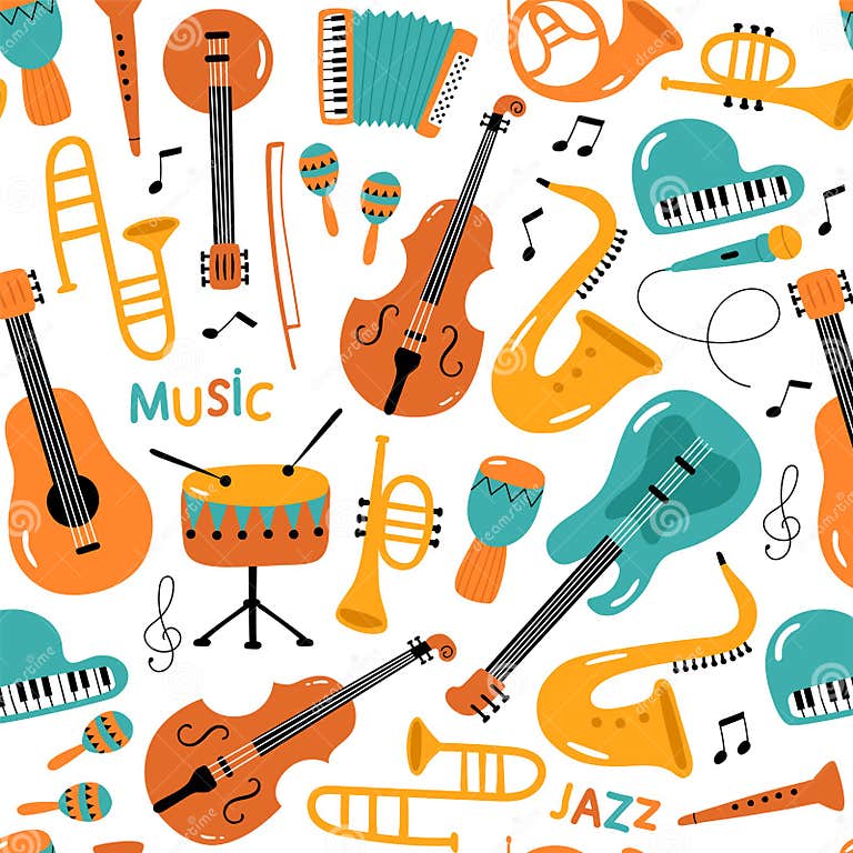 Seamless Pattern with Musical Instruments in Cartoon Style. Vector ...
