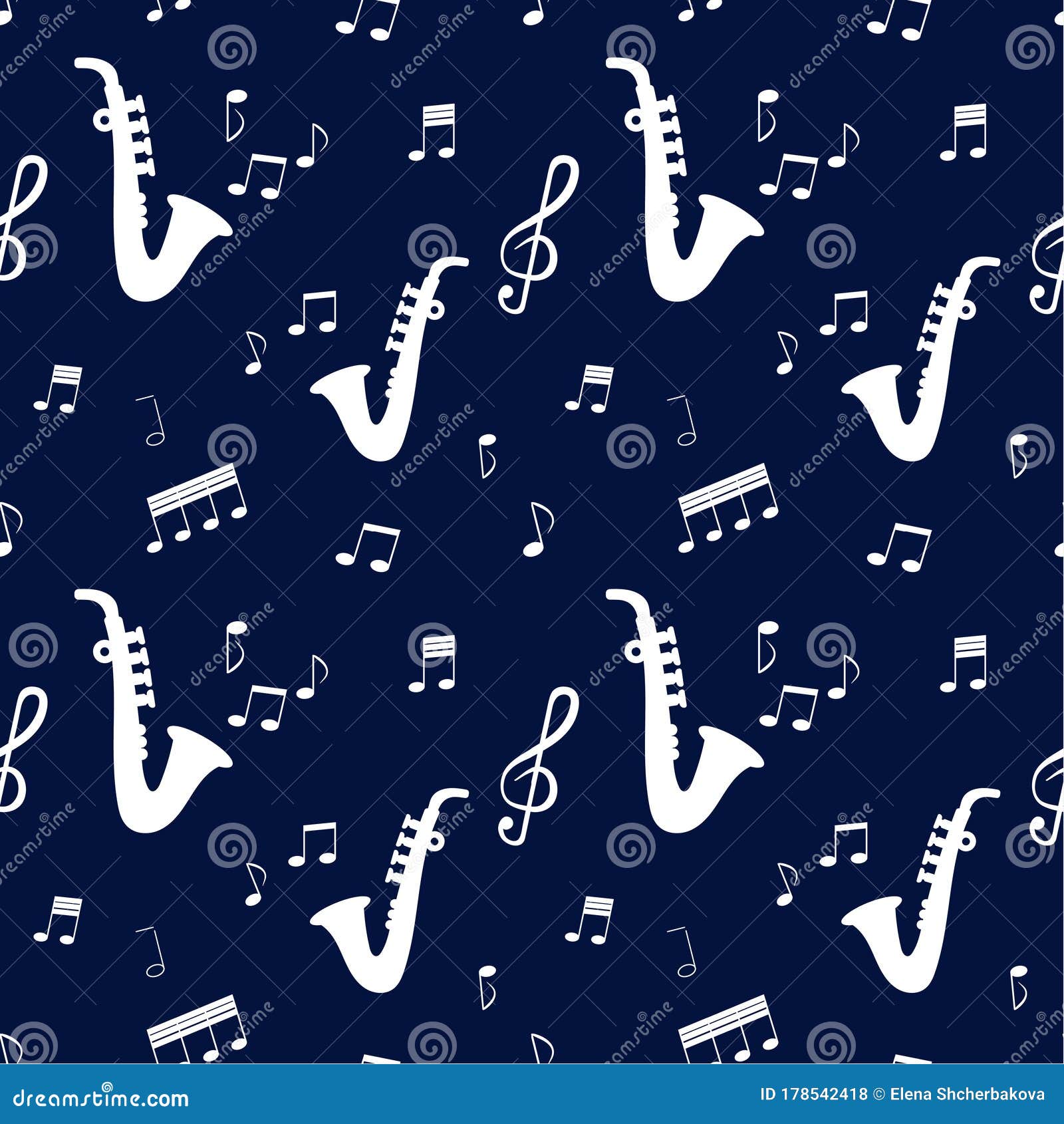 Seamless Pattern: Musical Notes and Instruments in White on a Blue ...