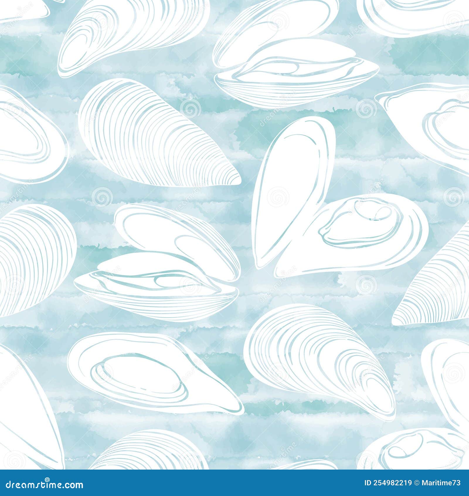 Seamless Pattern with Mussels on Blue Watercolor Background. Food ...