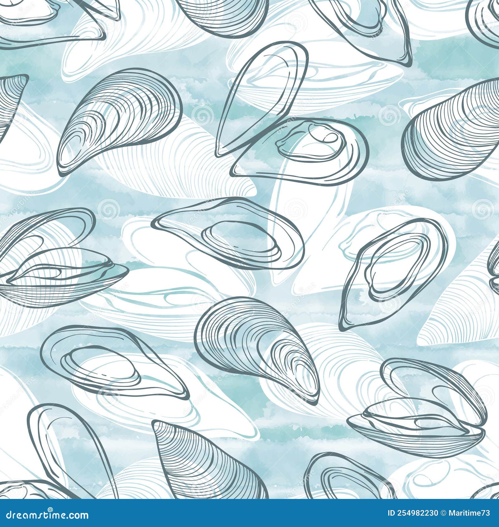 Seamless Pattern with Mussels on Blue Watercolor Background. Food ...