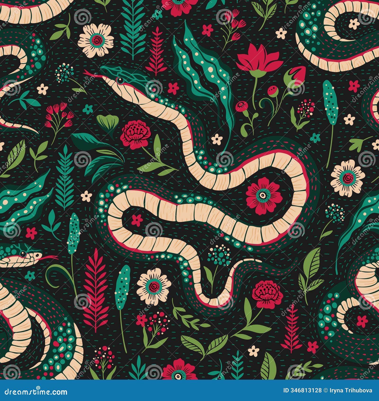 Seamless Pattern Mystical Magic Forest Snake Art Deco Botanical Flowers ...