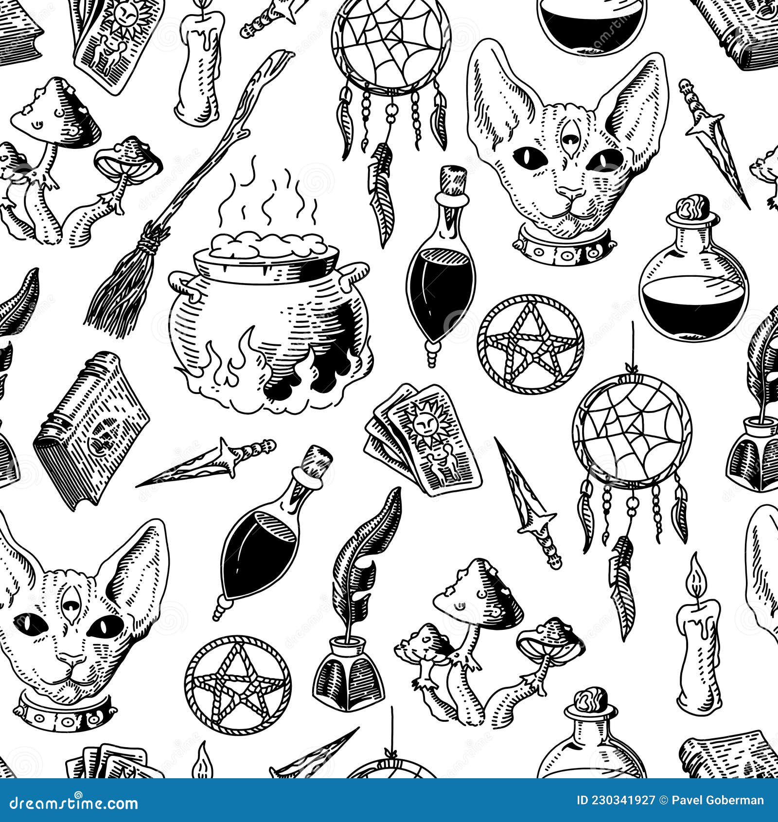Seamless Pattern with Mystical and Mysterious Objects. Drawing in the ...