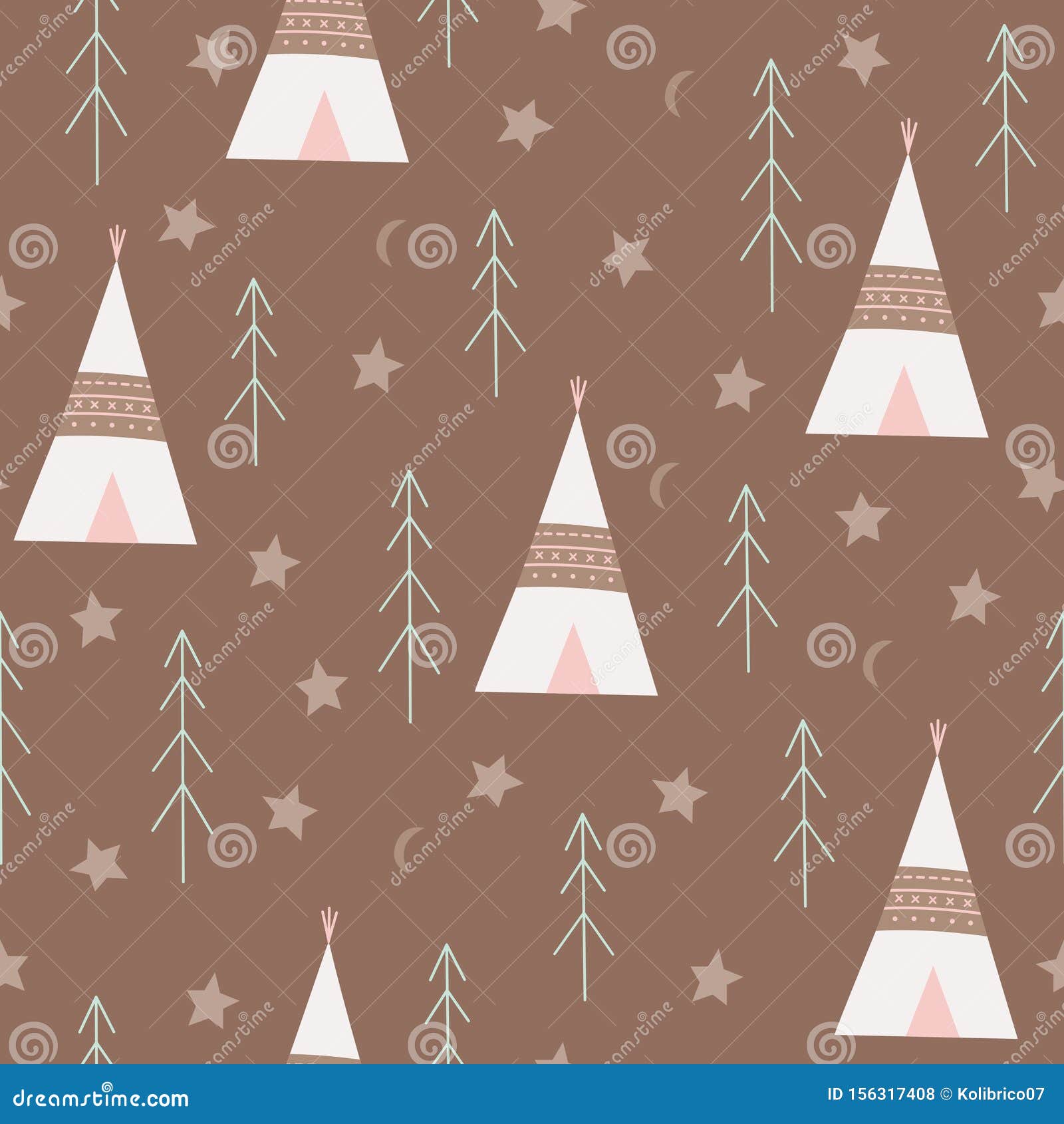 Seamless Pattern of Native American Tents, Fir Trees and Stars Stock ...
