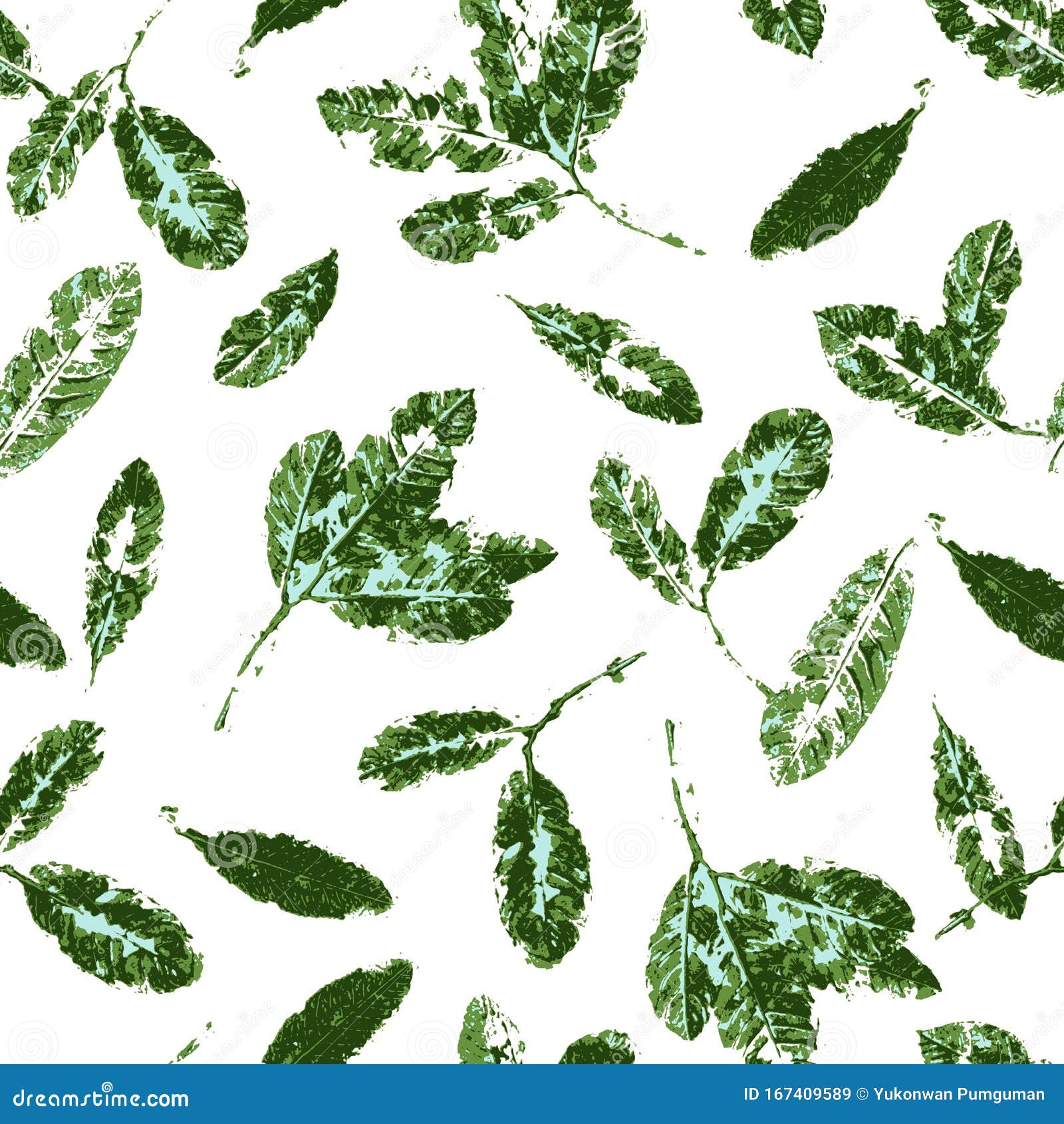 Seamless Pattern Natural Green Leaves Stamp on White Background ...