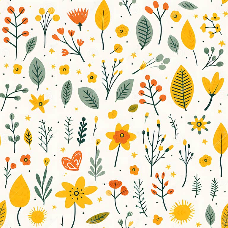 Seamless Pattern Nature Elements Leaves Stem Pollen and Blossom ...