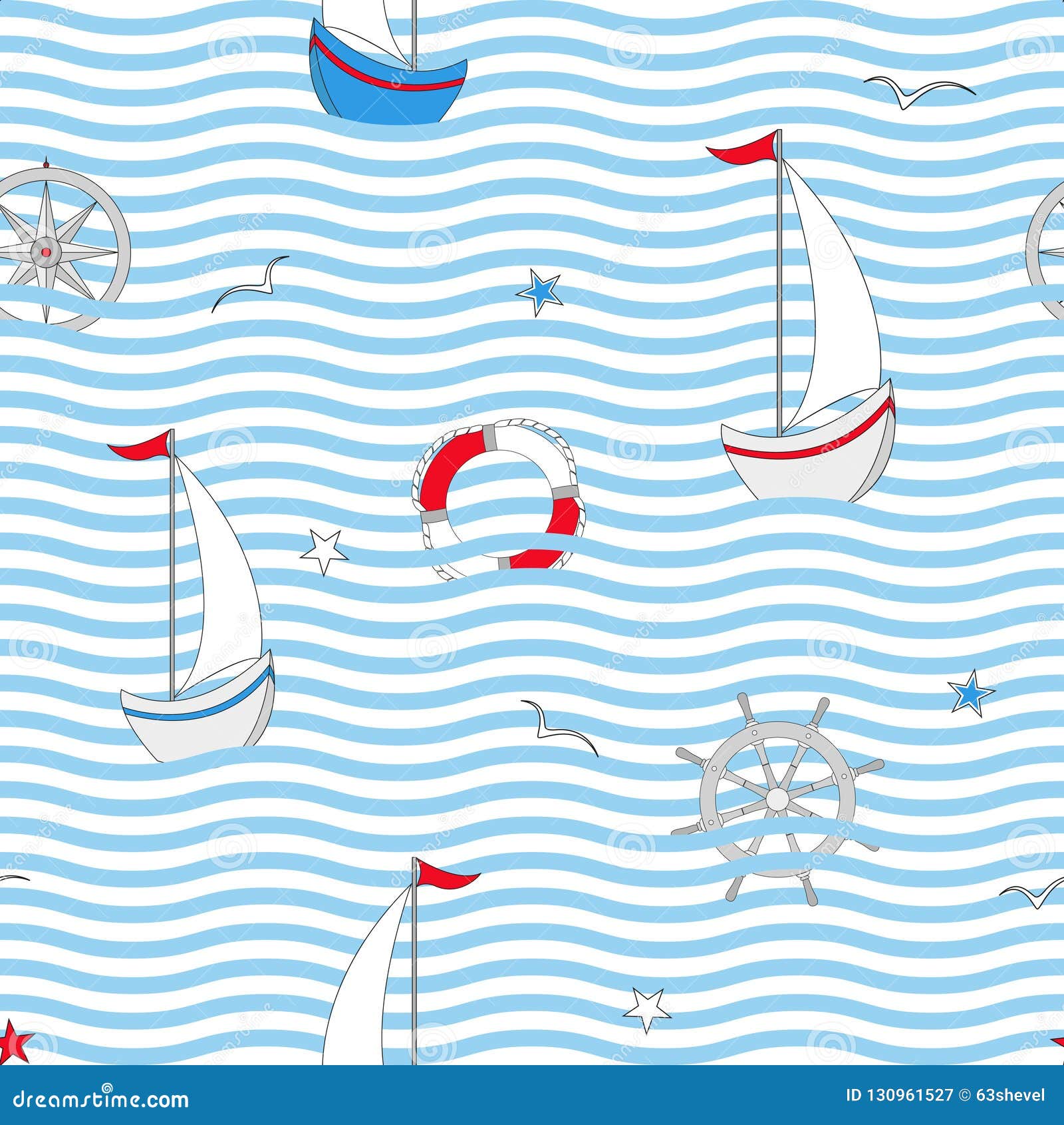 Seamless Pattern with Nautical Design Elements. Cute Sea Objects ...