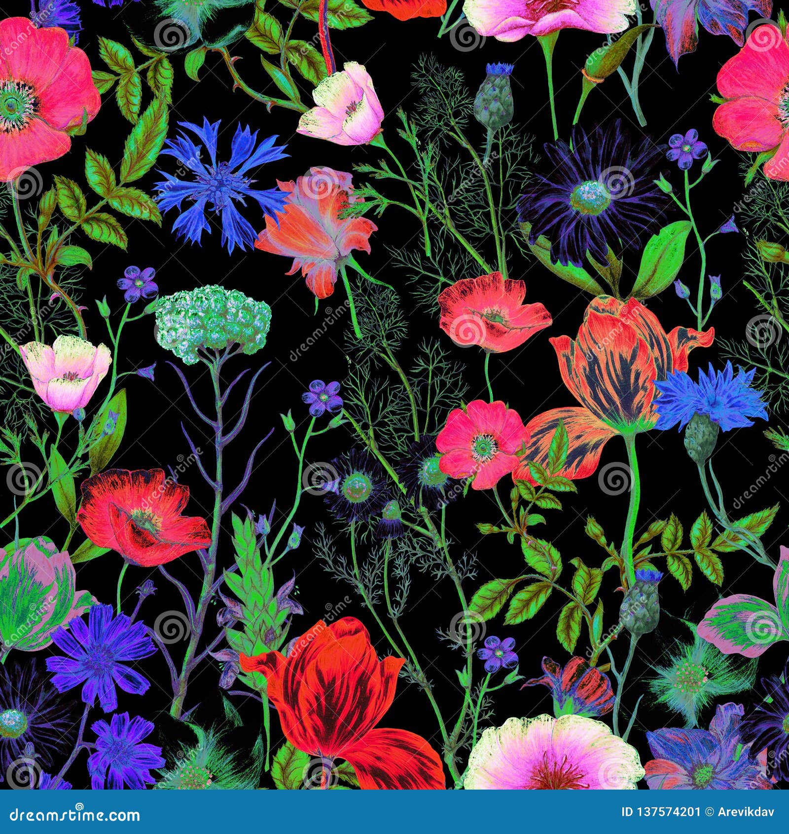 Seamless Pattern of Neon Garden Flowers,seamless Floral Pattern Stock ...
