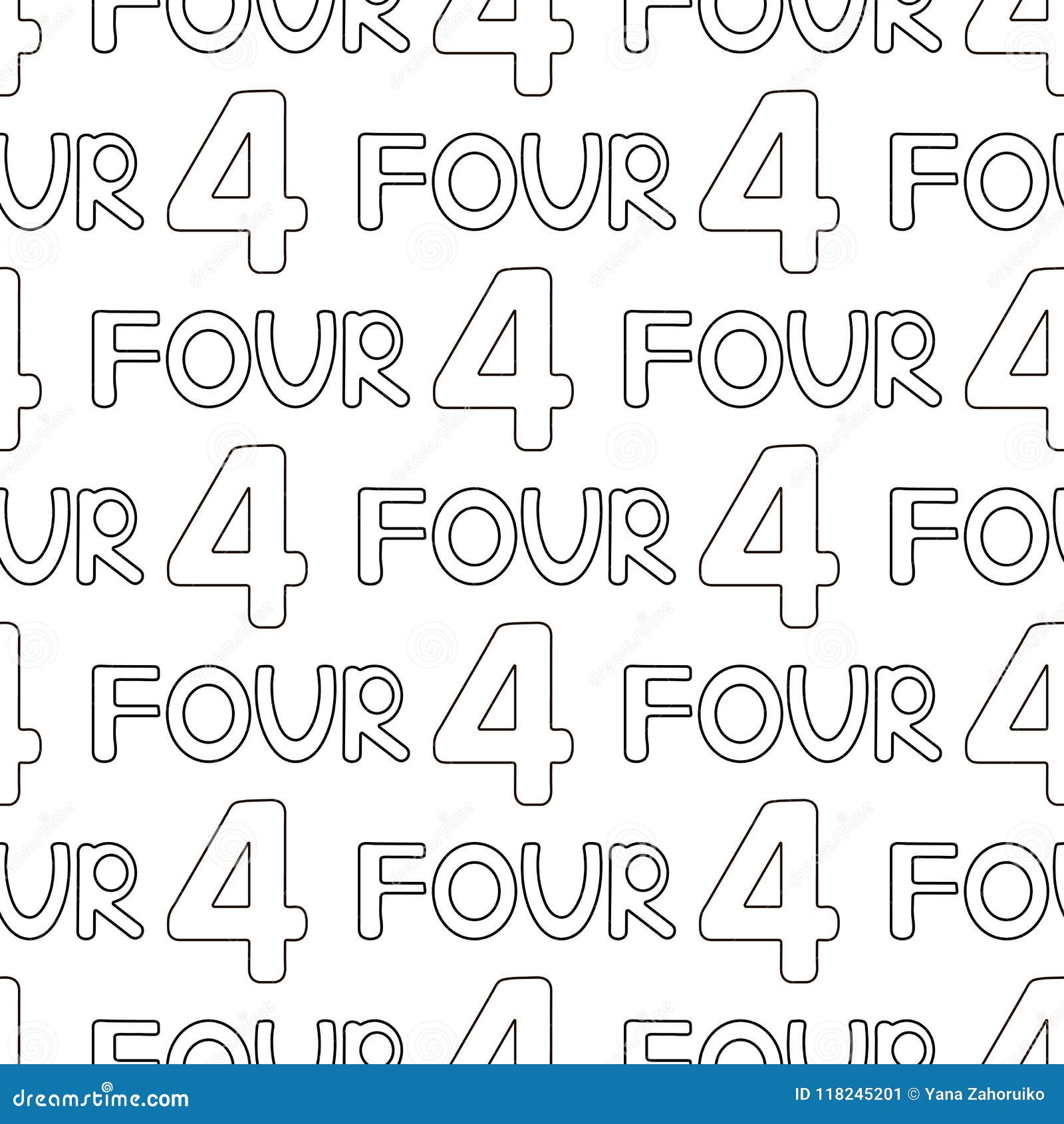 Seamless Pattern with Numeral and Word Four. Coloring Page Stock Vector ...