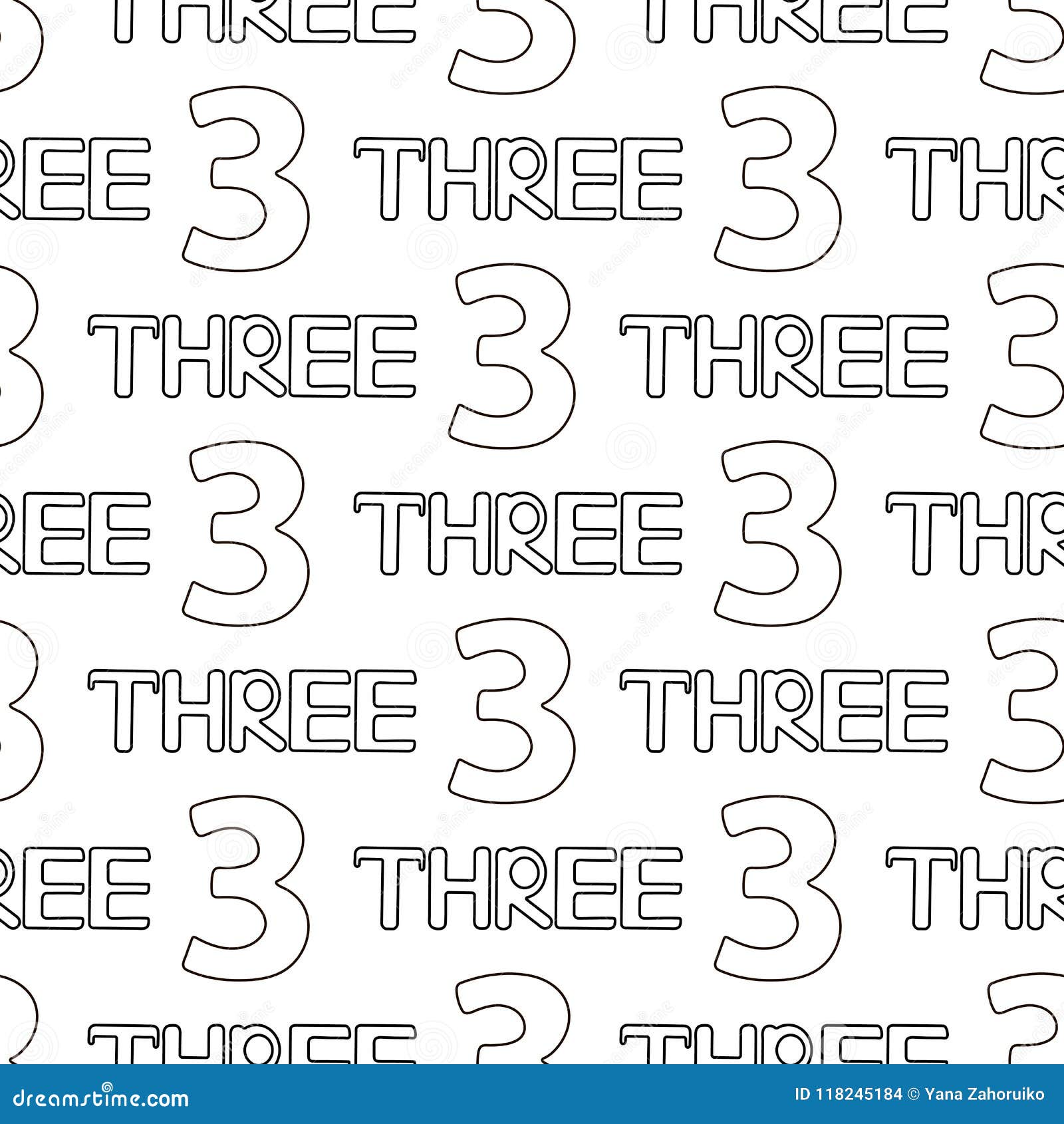 Seamless Pattern with Numeral and Word Three. Coloring Page Stock ...