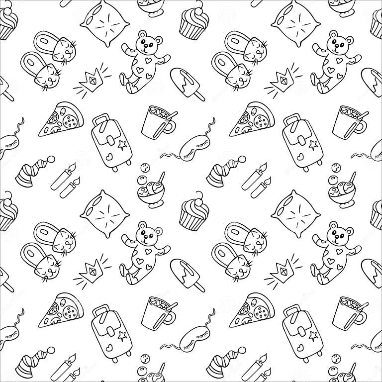 Seamless Pattern Of Objects For Pajama Sleepover Or Slumber Party In