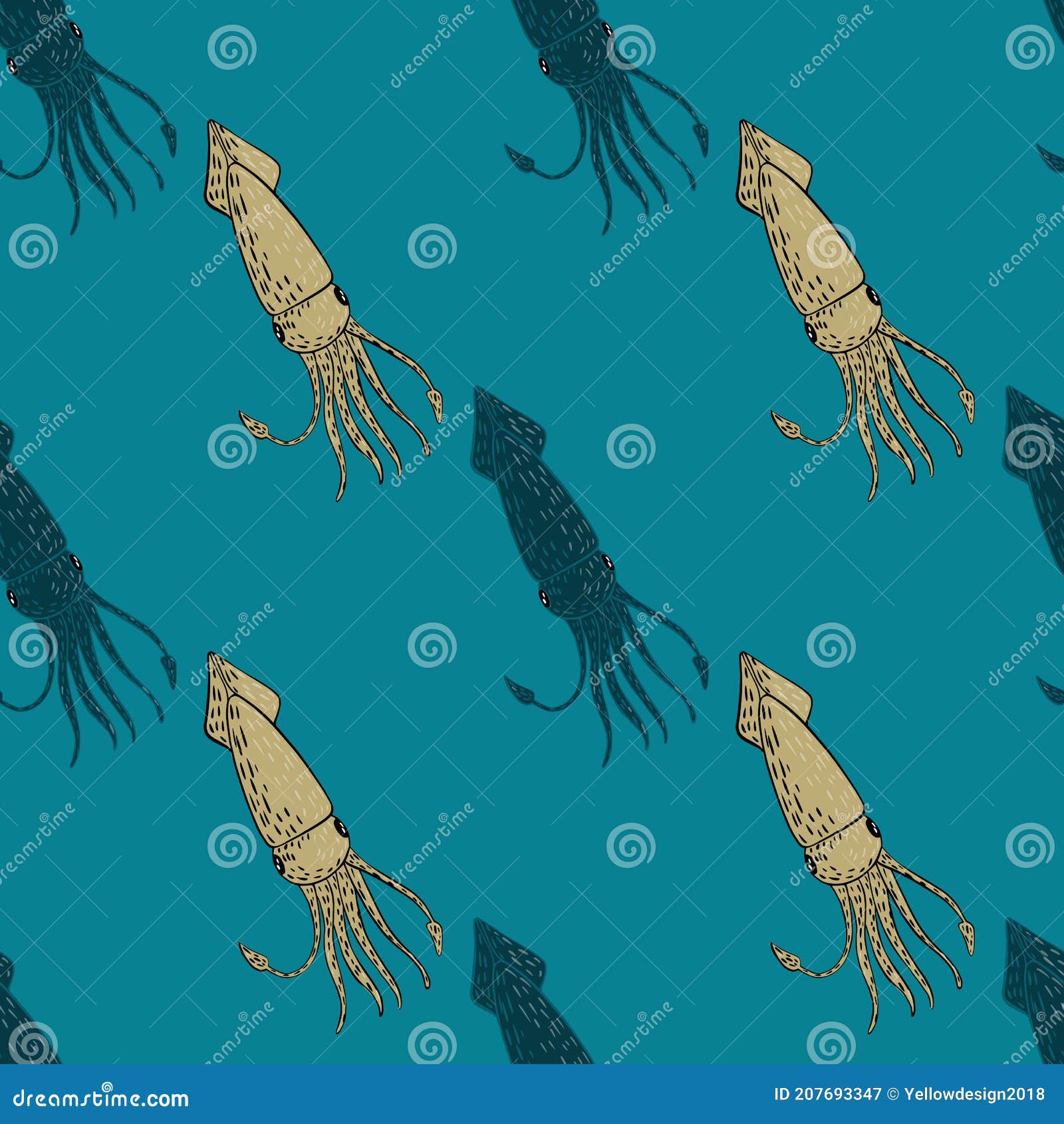 Seamless Pattern in Ocean Minimalistic Style with Doodle Squids and ...