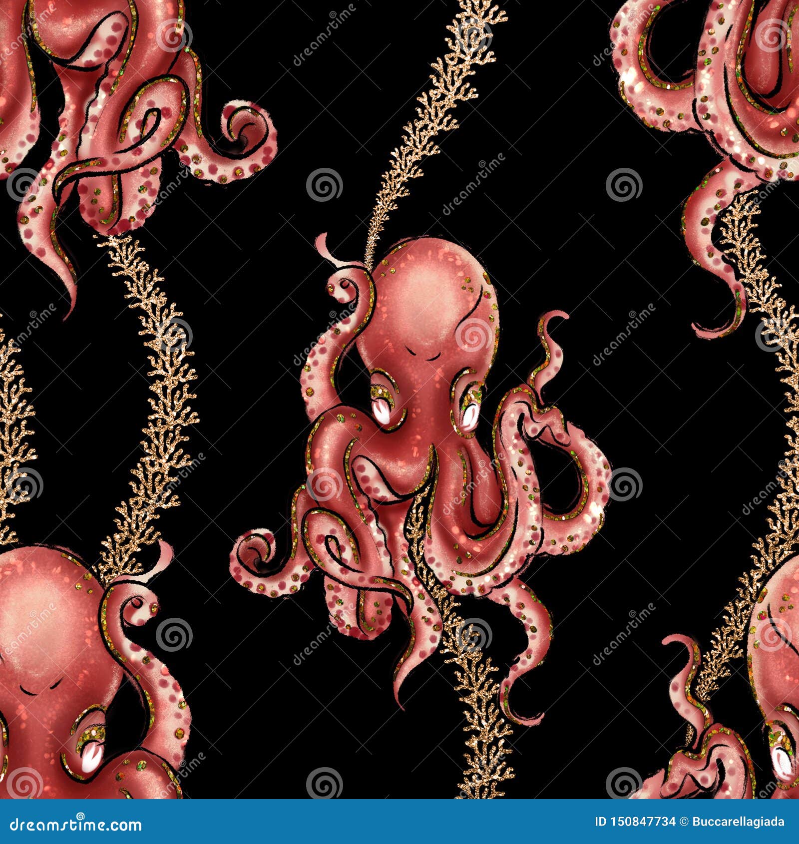 SEAMLESS PATTERN of OCTOPUS on BLACK BACKGROUND and GLITTER SEAWEED ...
