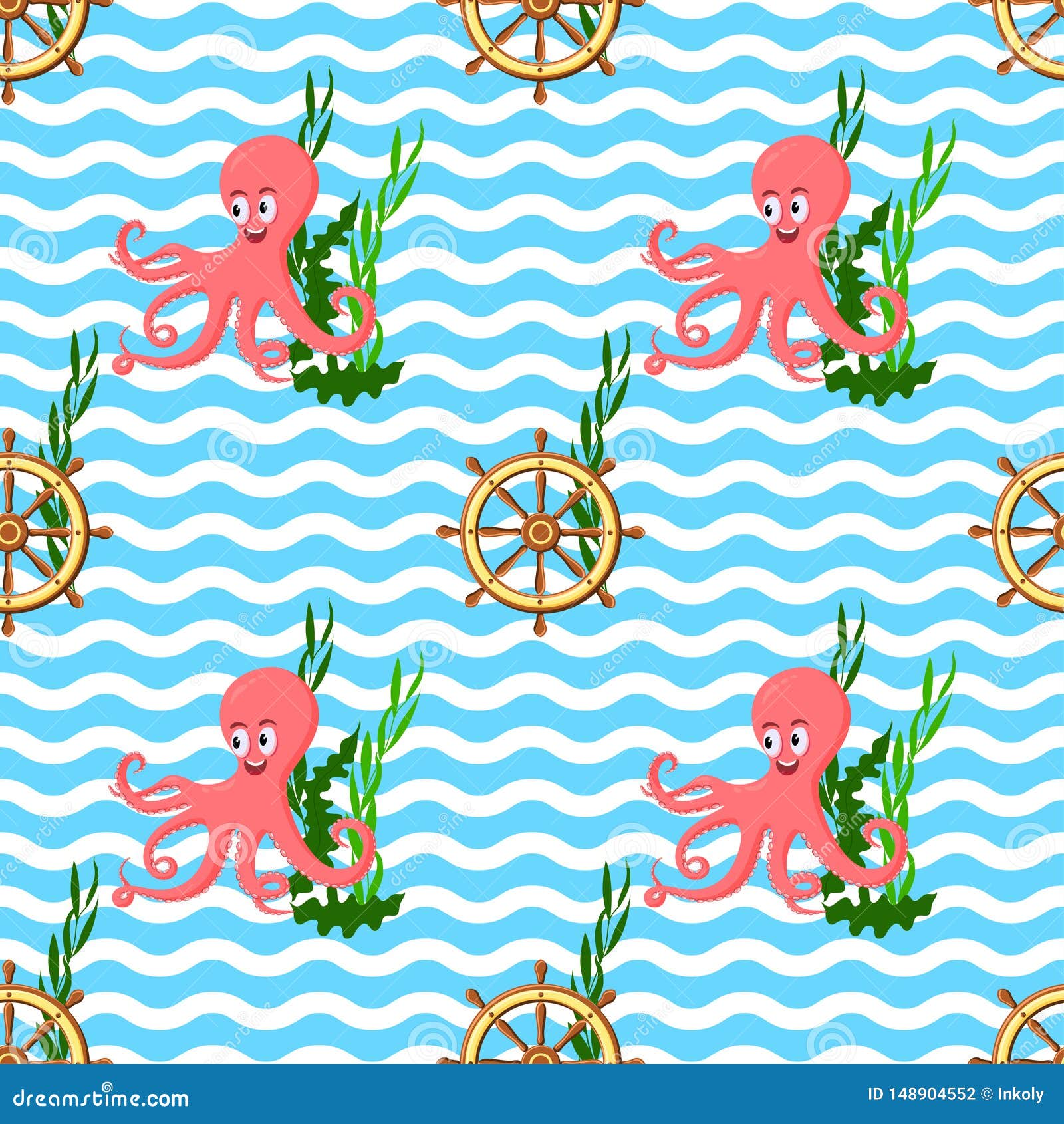 Seamless Pattern With Octopus, Ship Wheel, Sea Weeds And Ocean Waves ...