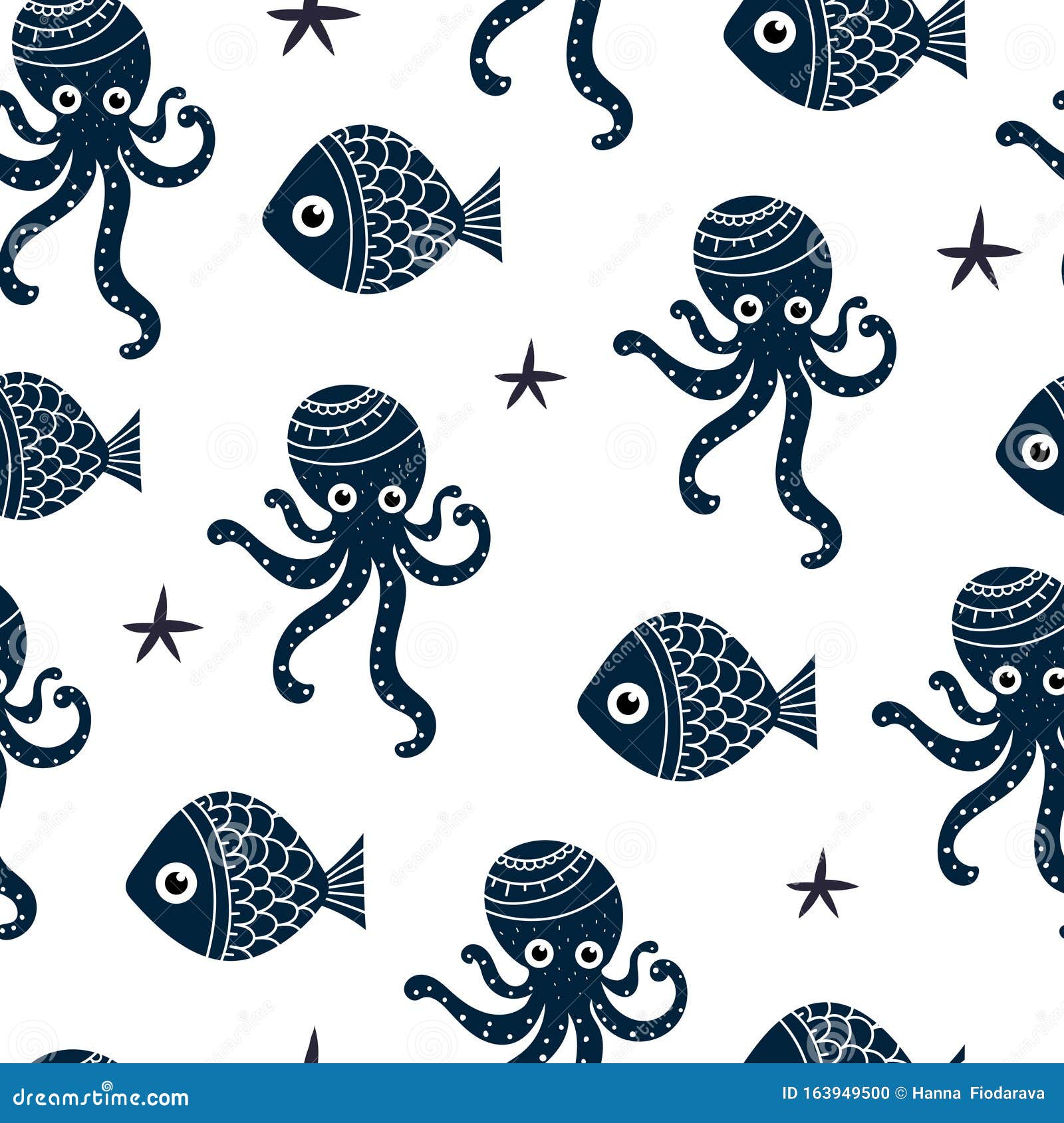Seamless Pattern with Octopuses, Fish, Decor Elements. Colorful Flat ...